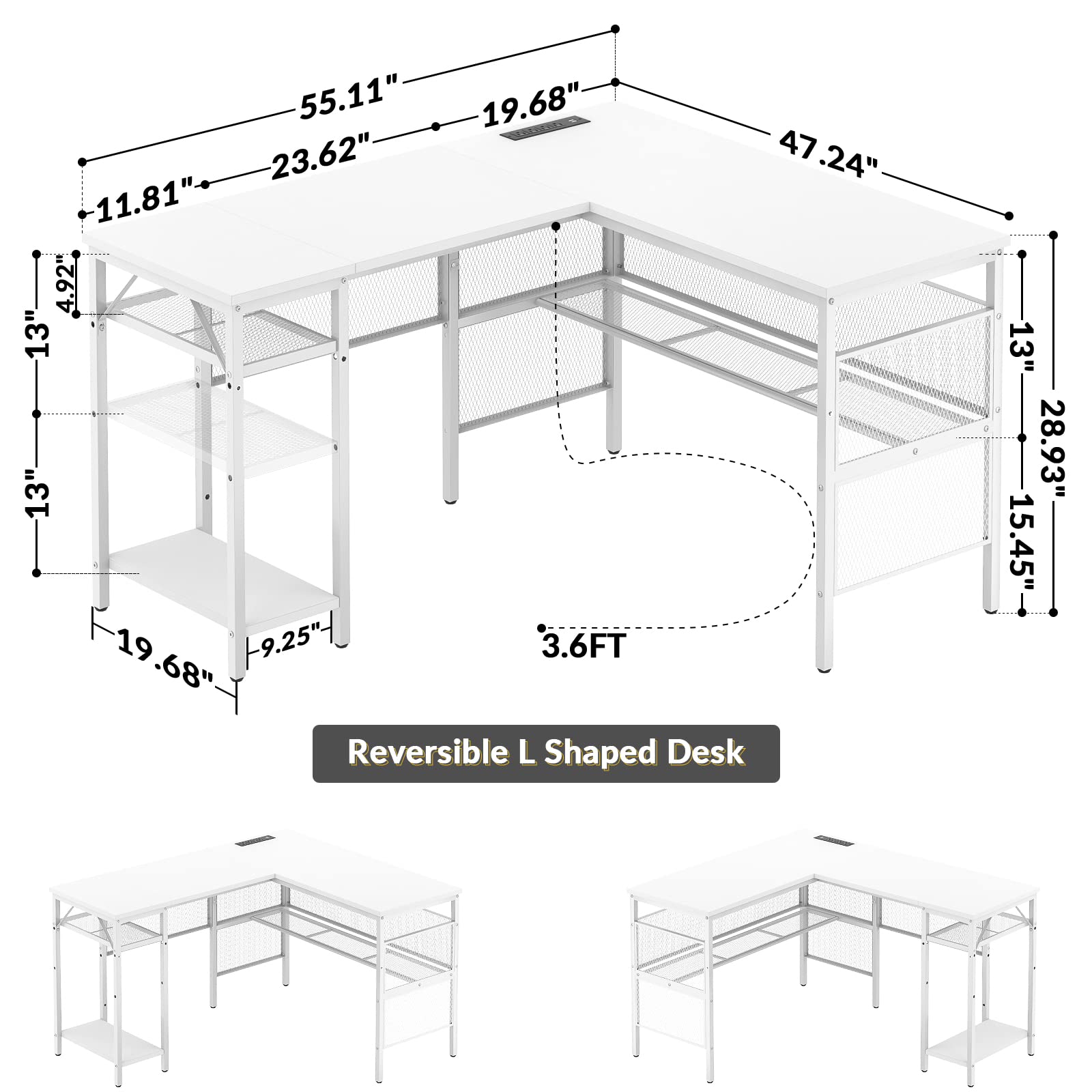 Unikito Magic Portable 4 Outlets L Shaped Desk, Reversible 55 Inch L-Shaped Computer Desk with Storage Shelf and USB Charging Port, Unique Grid Design, Large Gaming Corner Table for Home Office, White