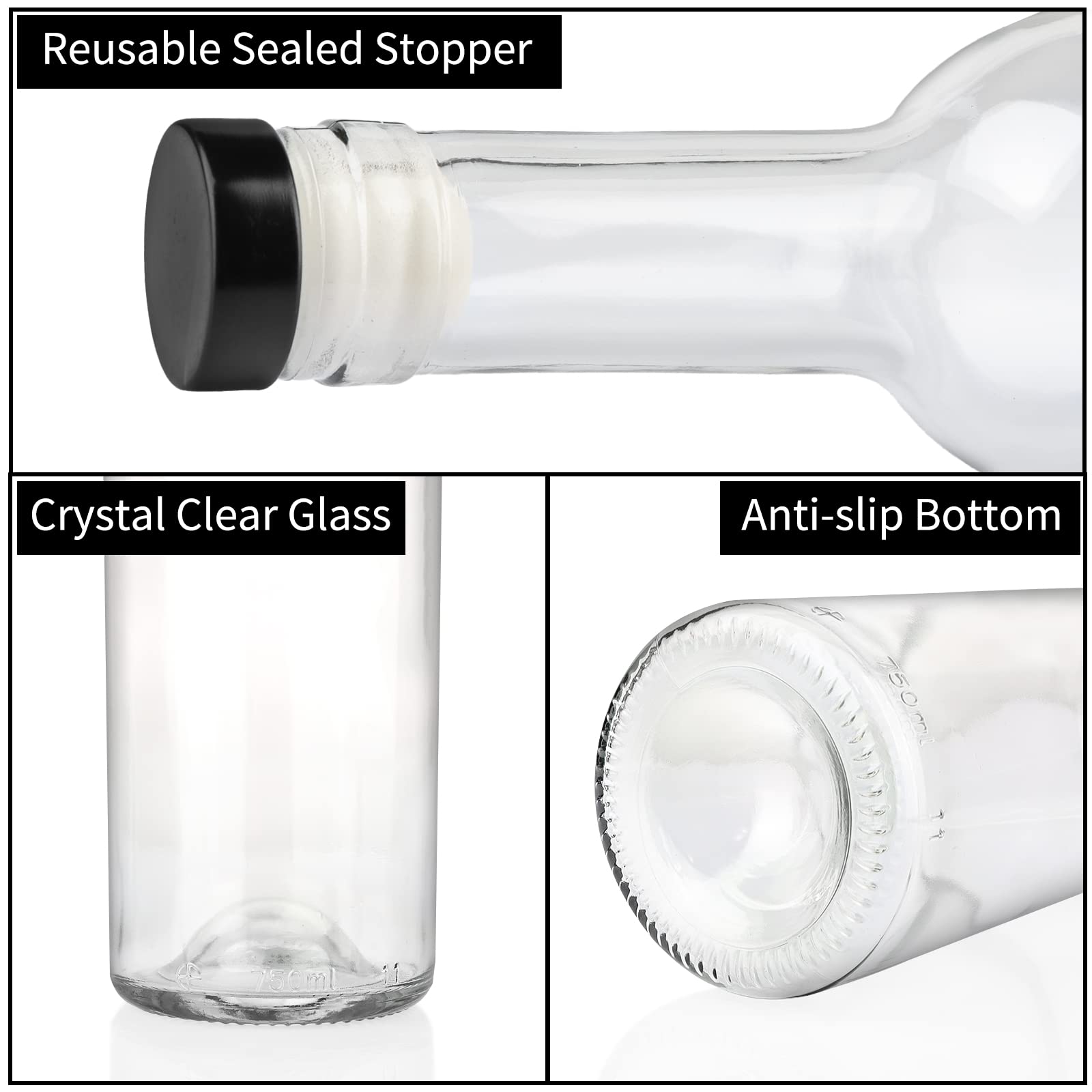 GUANENA 8 Pack 750ml Clear Glass Bottles with Cork Lids and PVC Shrink Capsules, Empty Home Brewing Wine Bottles with Funnel for Sparkling Wine, Juice, Kombucha, Beverages