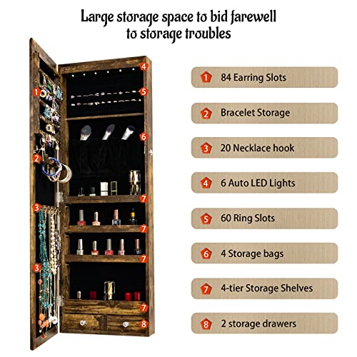 Ntufrest Mirror Jewelry Organizer, Upgraded 6 LED Lights Wall/Door Mounted Jewelry Armoire Cabinet, Full Length Mirror with Storage, Lockable Makeup Organizer and Storage