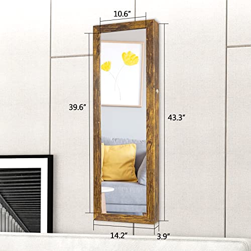 Ntufrest Mirror Jewelry Organizer, Upgraded 6 LED Lights Wall/Door Mounted Jewelry Armoire Cabinet, Full Length Mirror with Storage, Lockable Makeup Organizer and Storage