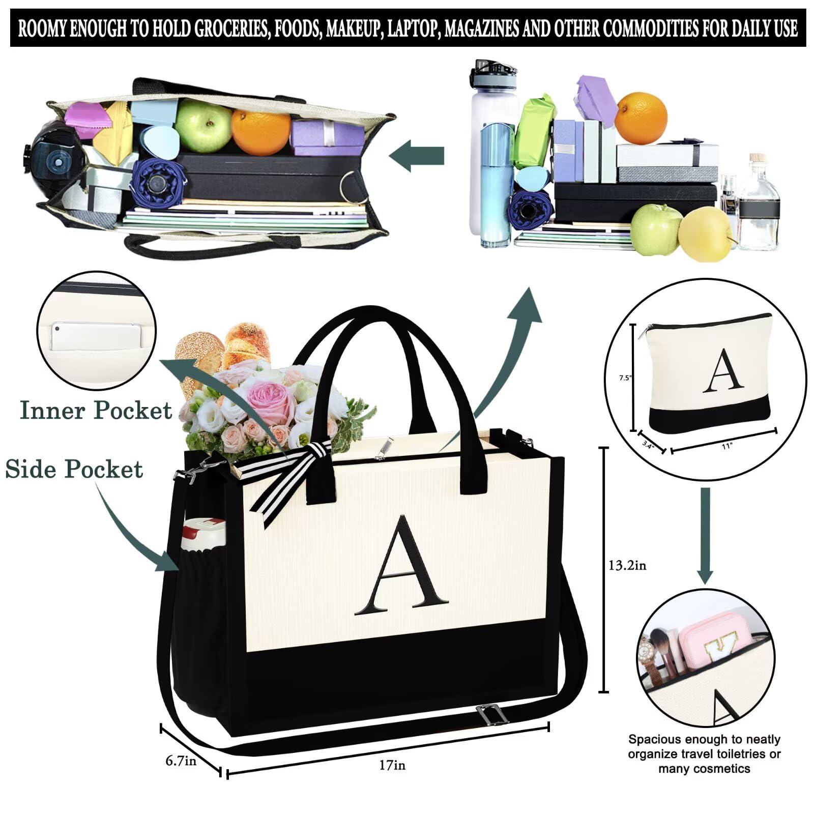YOOLIFE Initial Canvas Tote Bag for Women - Beach and Travel Bag With Zipper Pockets, Monogrammed, Adjustable Strap, Letter K