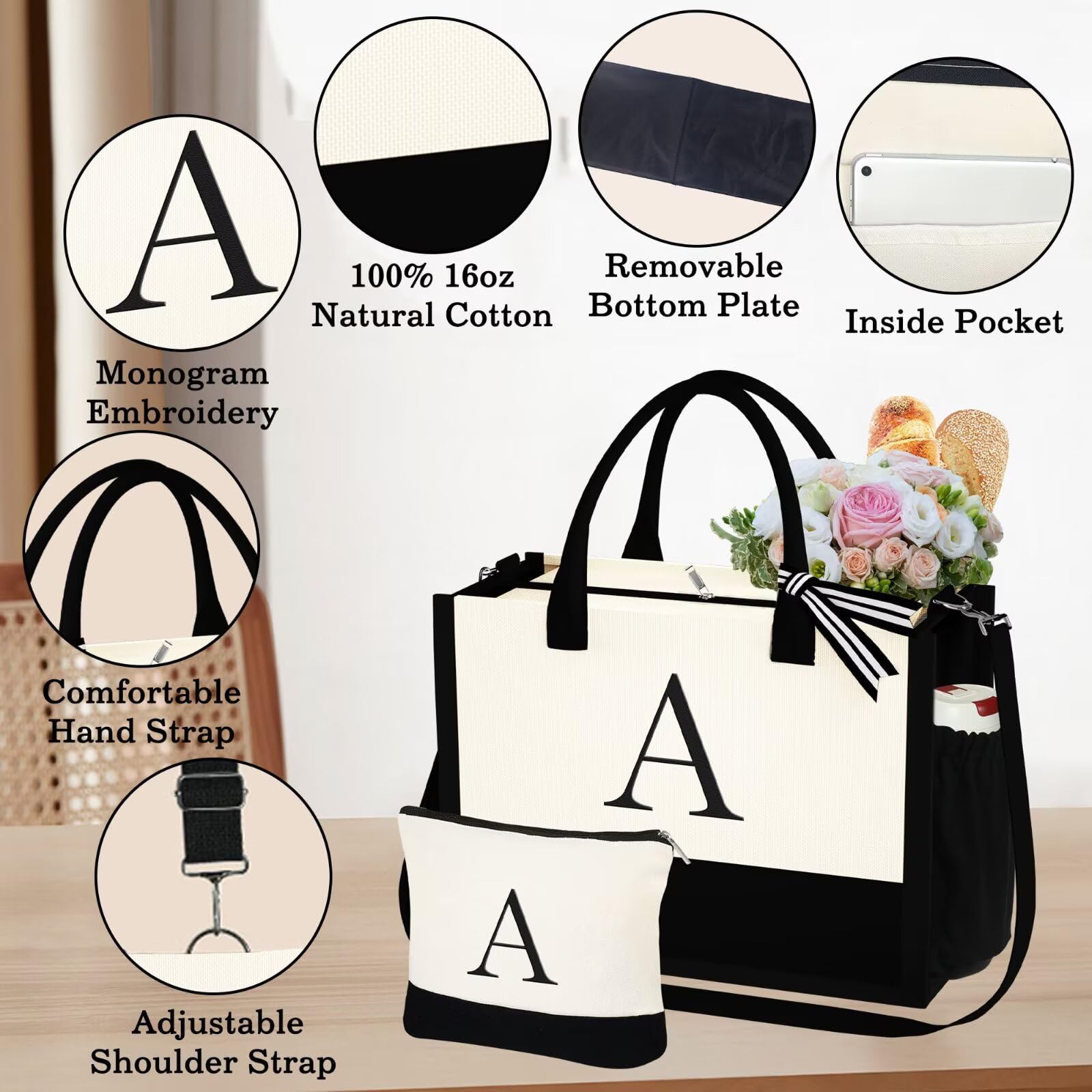 YOOLIFE Initial Canvas Tote Bag for Women - Beach and Travel Bag With Zipper Pockets, Monogrammed, Adjustable Strap, Letter K
