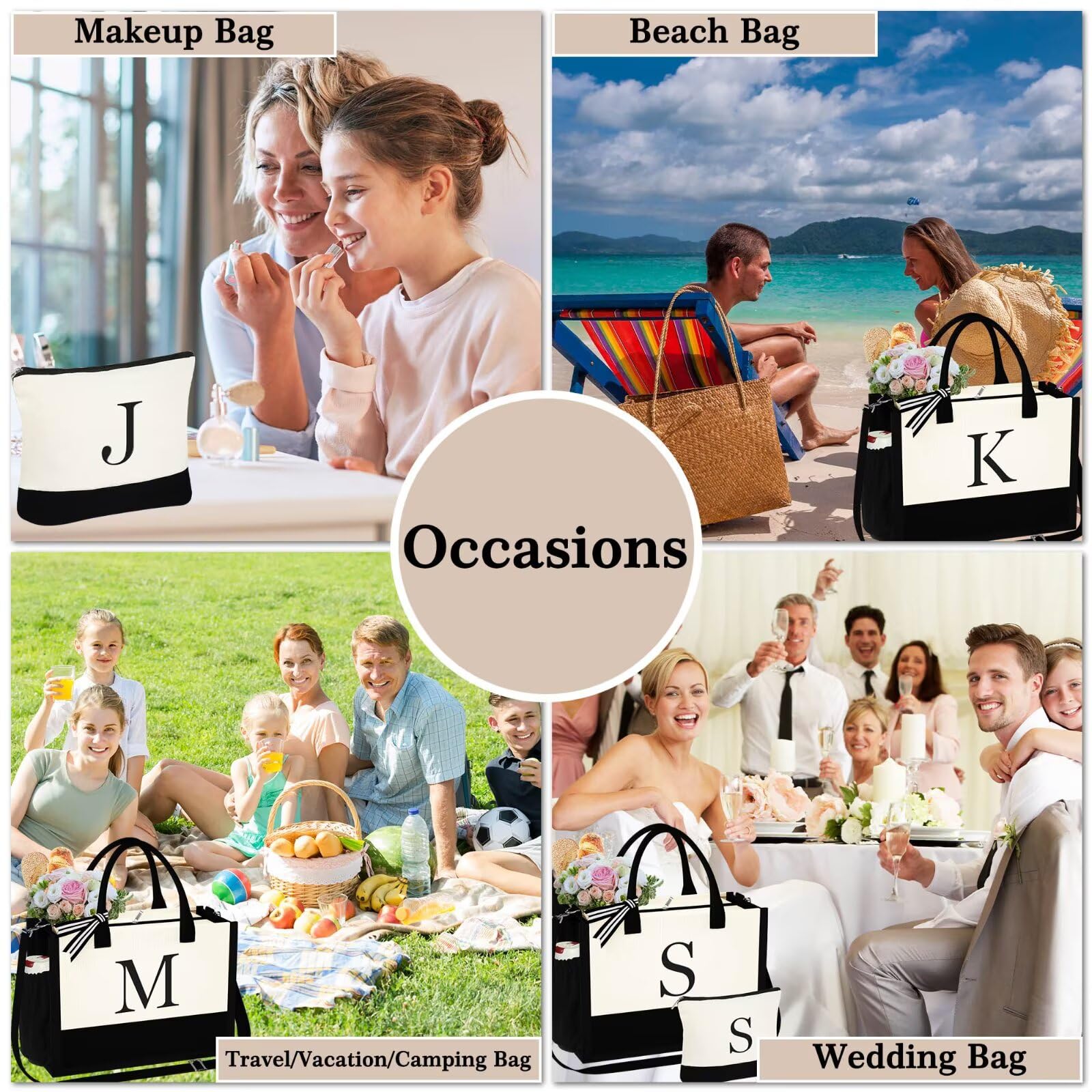 YOOLIFE Initial Canvas Tote Bag for Women - Beach and Travel Bag With Zipper Pockets, Monogrammed, Adjustable Strap, Letter K