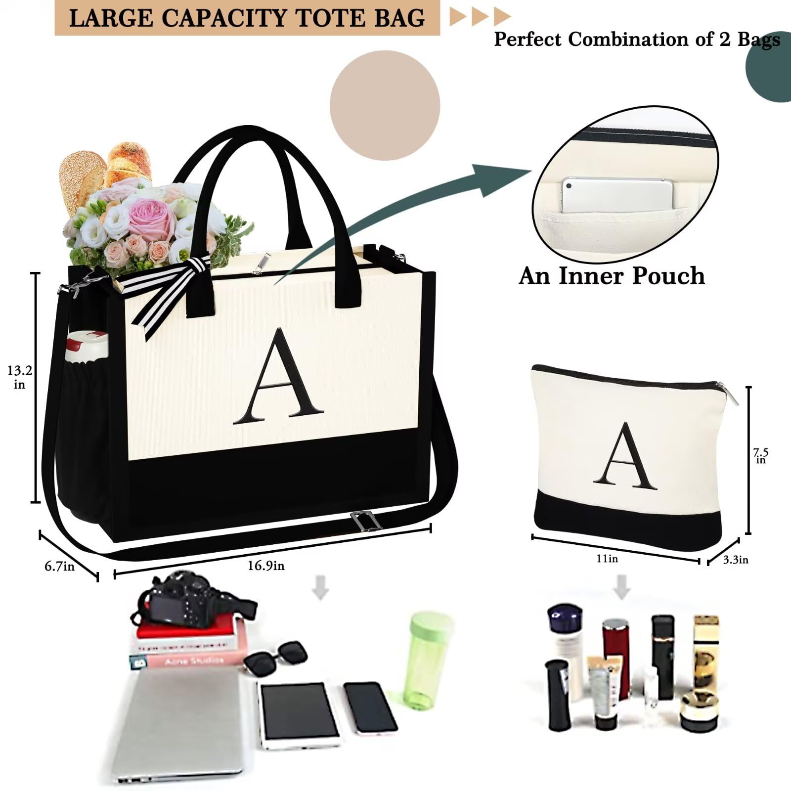 YOOLIFE Initial Canvas Tote Bag for Women - Beach and Travel Bag With Zipper Pockets, Monogrammed, Adjustable Strap, Letter K