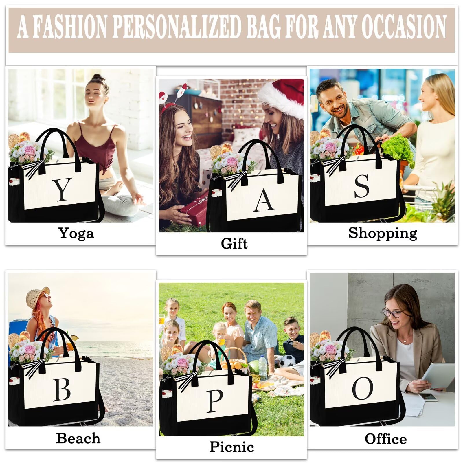YOOLIFE Initial Canvas Tote Bag for Women - Beach and Travel Bag With Zipper Pockets, Monogrammed, Adjustable Strap, Letter K