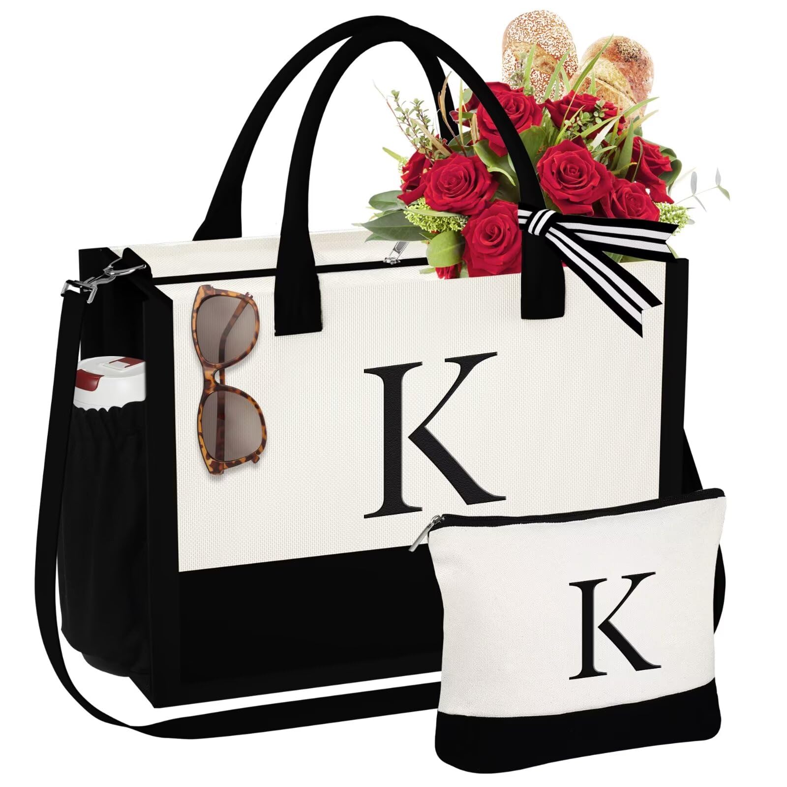 YOOLIFE Initial Canvas Tote Bag for Women - Beach and Travel Bag With Zipper Pockets, Monogrammed, Adjustable Strap, Letter K