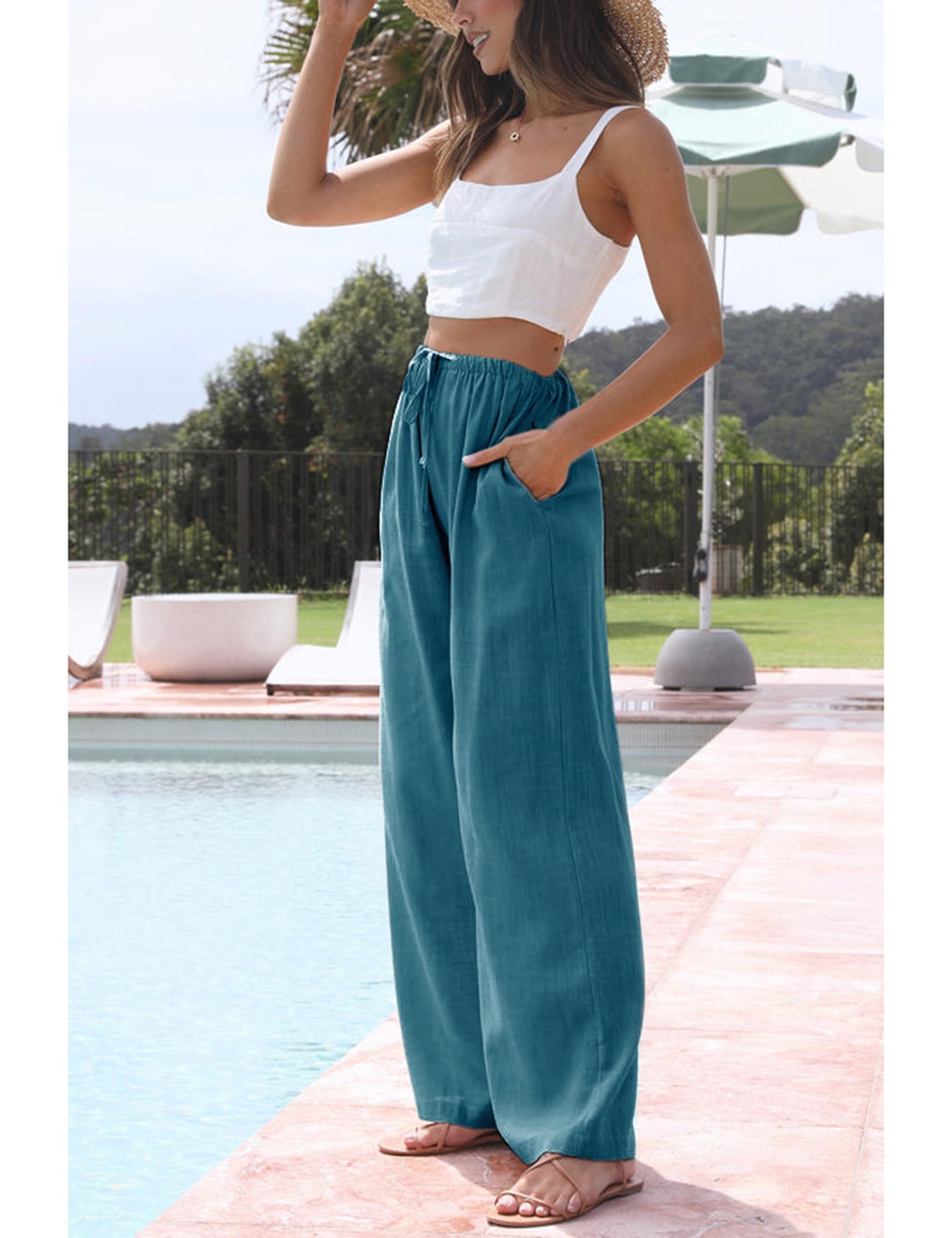 Hooever Women's Wide Leg Cotton Linen Pants High Waist Adjustable Tie Knot Lounge Trousers(Blue-S)