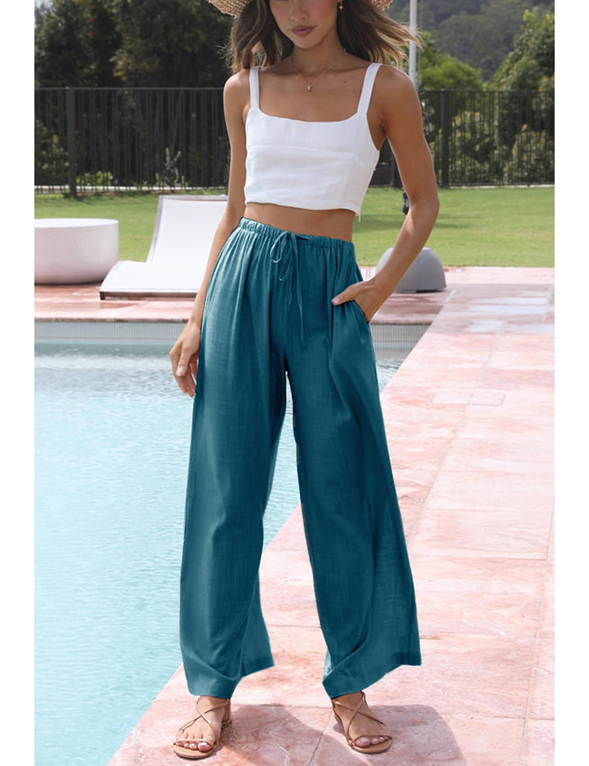 Hooever Women's Wide Leg Cotton Linen Pants High Waist Adjustable Tie Knot Lounge Trousers(Blue-S)