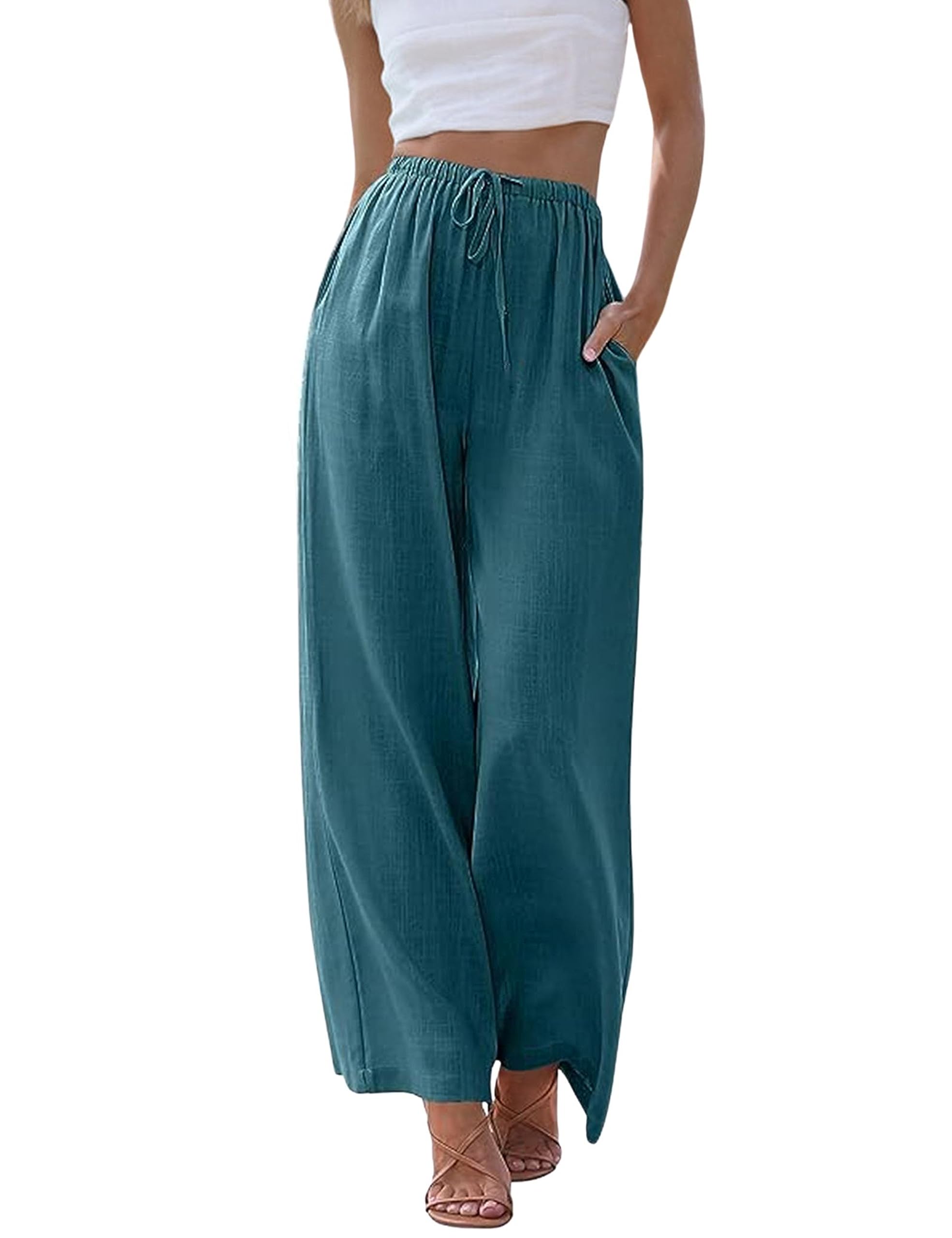 Hooever Women's Wide Leg Cotton Linen Pants High Waist Adjustable Tie Knot Lounge Trousers(Blue-S)