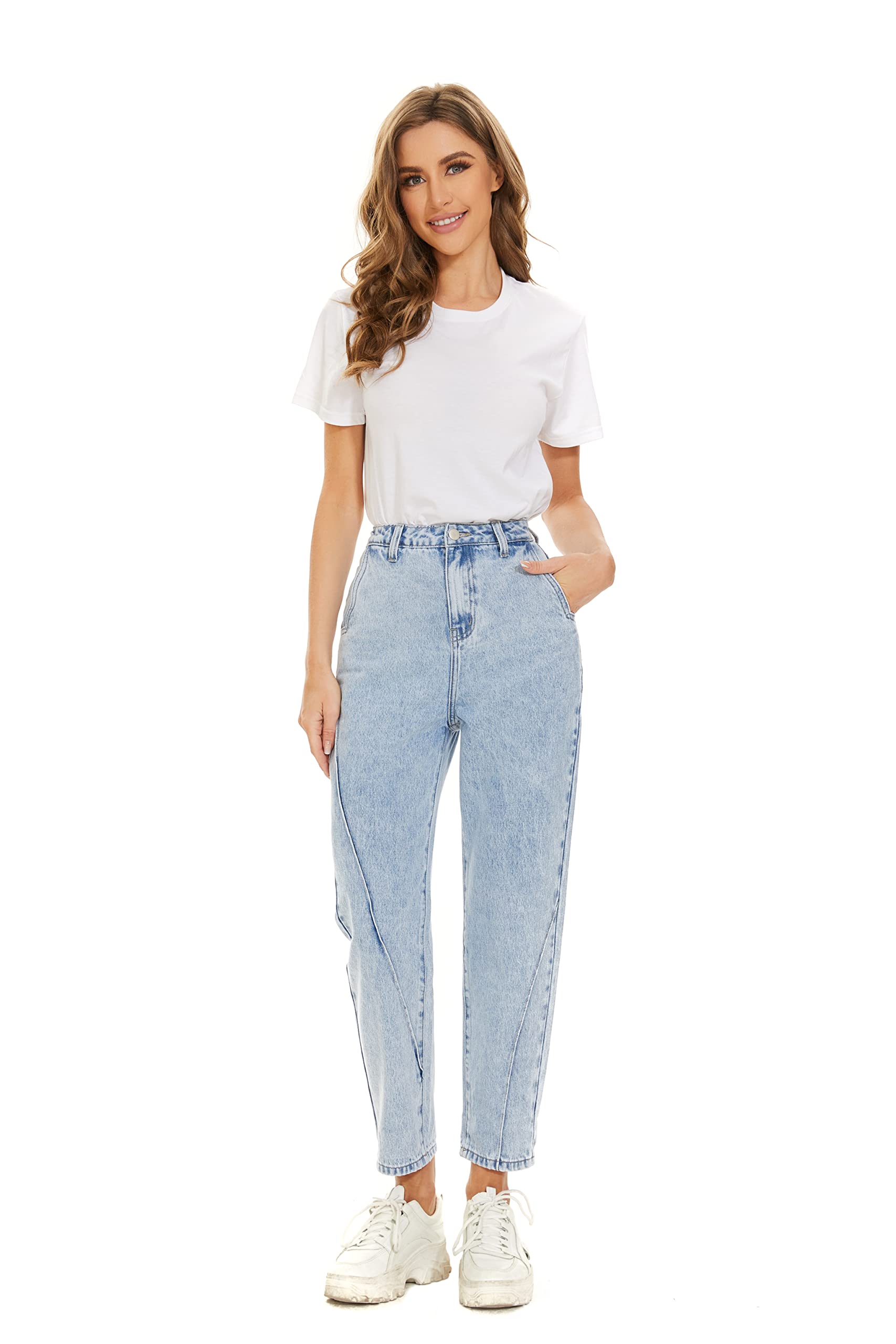 DECIVI Women High Rise Tapered Jeans Wedgie Loose Fit Denim Pants Ankle Length