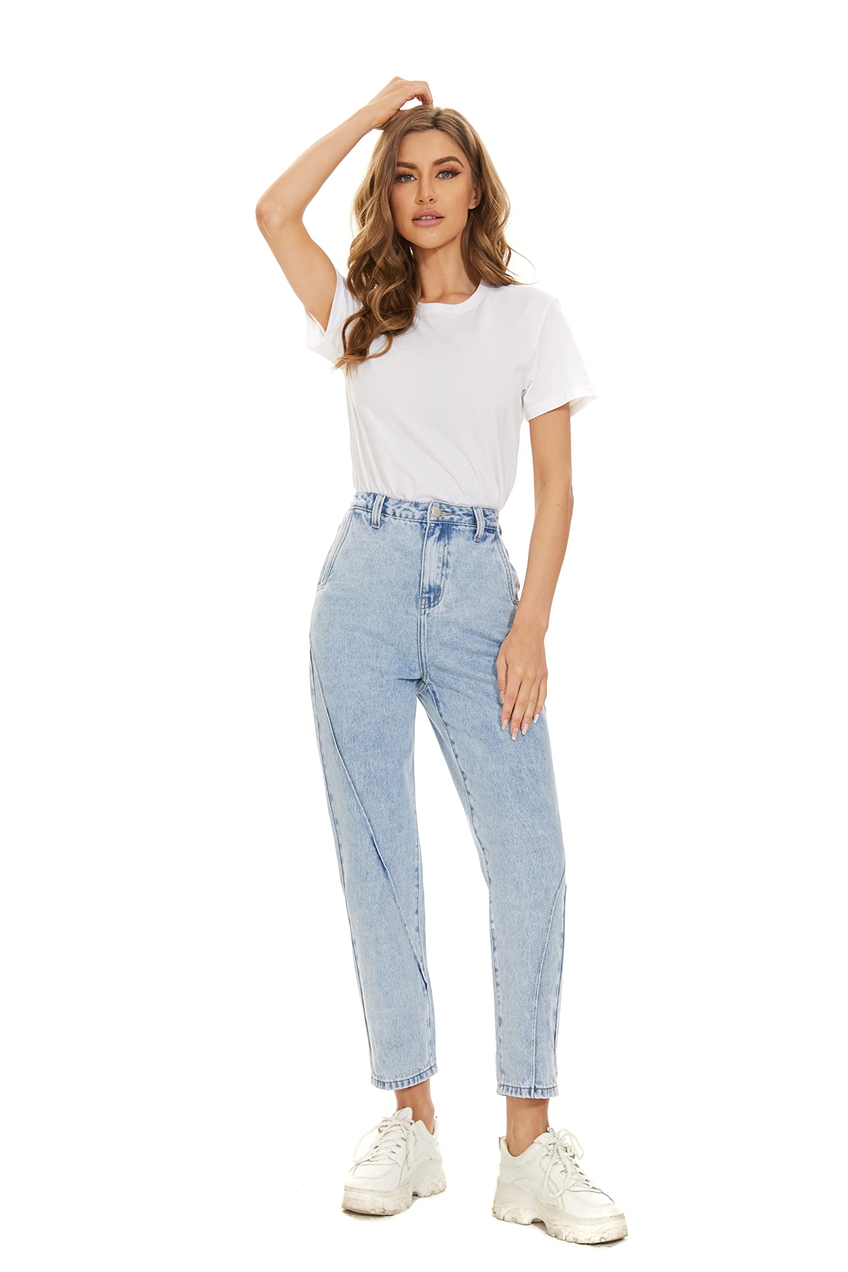 DECIVI Women High Rise Tapered Jeans Wedgie Loose Fit Denim Pants Ankle Length