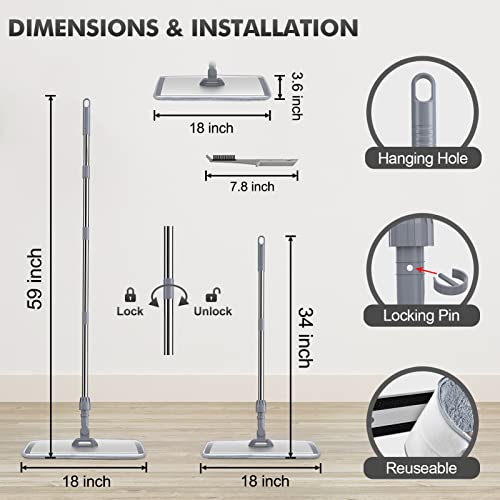 Sunally 18 Inch Professional Microfiber Floor Mop, Wet and Dust Mop with 4 Reusable Mop Pads, Gray