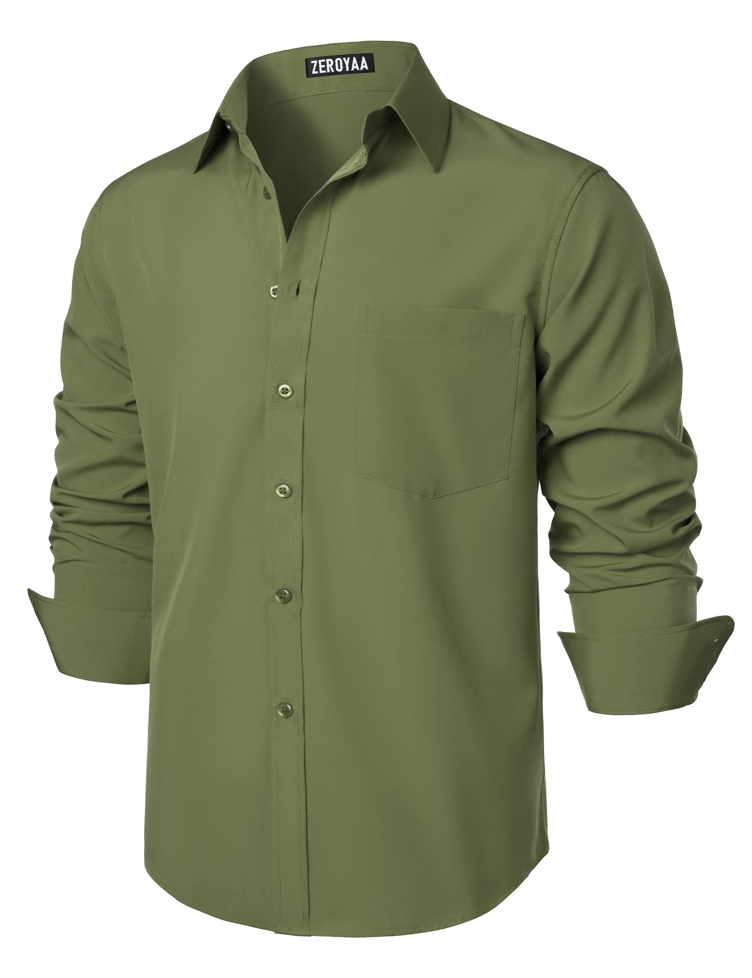 ZEROYAA Men's Regular Fit Dress Shirt Solid Wrinkle-Free Long Sleeve Casual Business Button Up Shirts with Pocket ZSSCL05-Army Green Medium