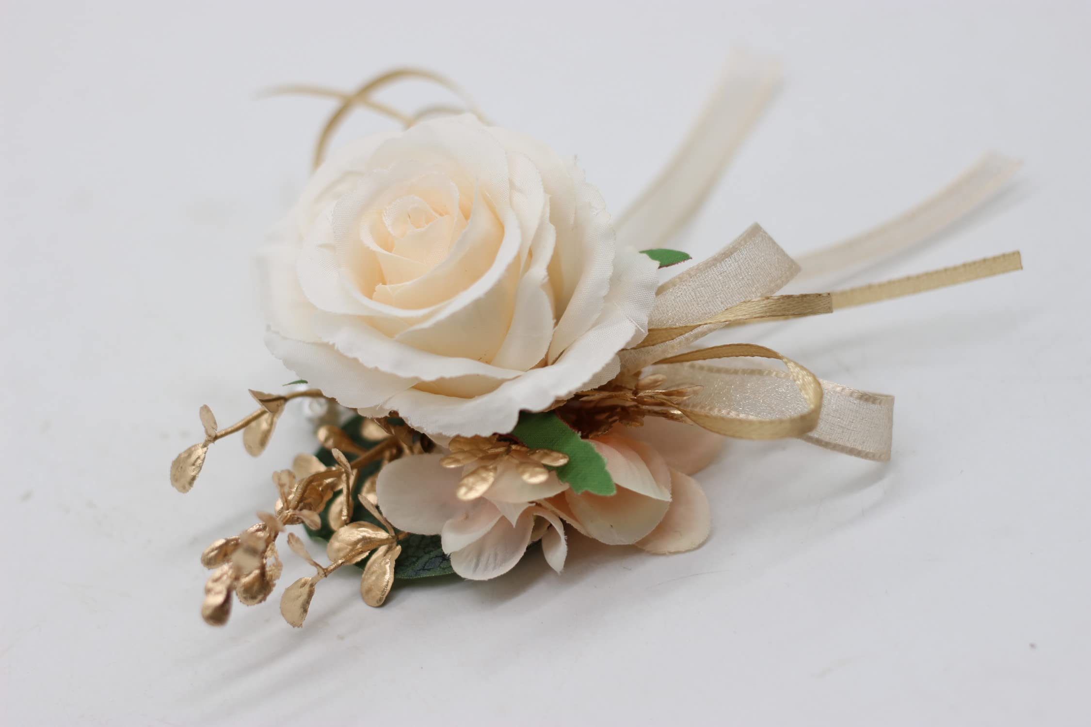 YOKOKE 2 Corsages, Handmade Artificial Peony Rose Wrist Corsage Wristlet Wedding Prom Suit Decorations (2 Gold Wrist Corsage)