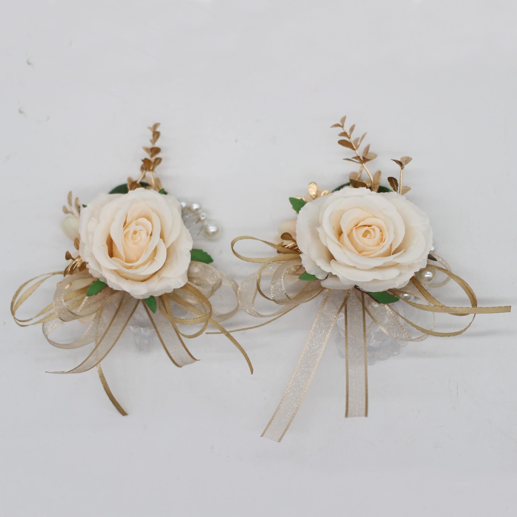 YOKOKE 2 Corsages, Handmade Artificial Peony Rose Wrist Corsage Wristlet Wedding Prom Suit Decorations (2 Gold Wrist Corsage)