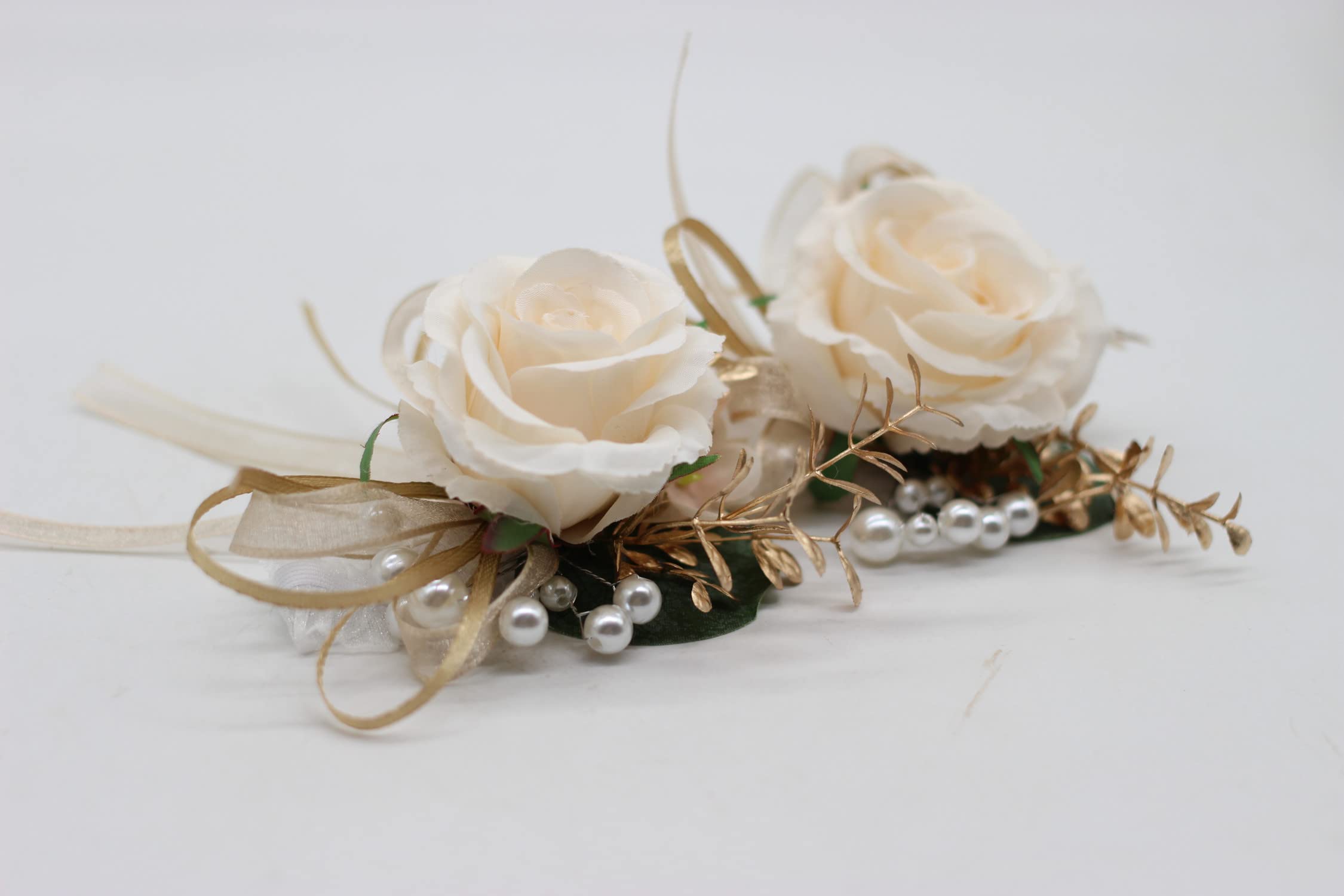 YOKOKE 2 Corsages, Handmade Artificial Peony Rose Wrist Corsage Wristlet Wedding Prom Suit Decorations (2 Gold Wrist Corsage)
