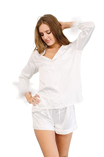 Queens Bridal Feather Trim Pajama Set For Womens Satin Silk With Shorts Long Sleeve Button Down Top 2 Pieces Sleepwear S to XXL (White, Medium)