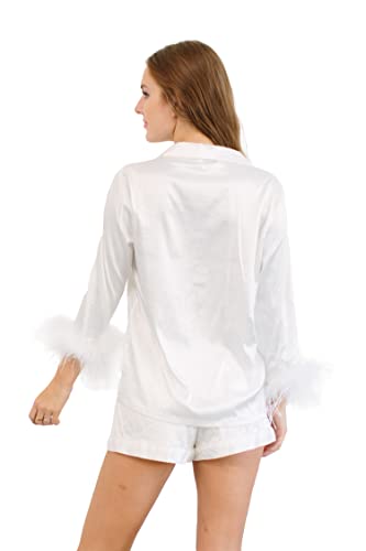 Queens Bridal Feather Trim Pajama Set For Womens Satin Silk With Shorts Long Sleeve Button Down Top 2 Pieces Sleepwear S to XXL (White, Medium)