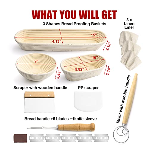 Banneton Bread Proofing Basket Set With Sourdough Bread Baking Supplies, Bread Making Kit Include 9''Round 10'' Oval & Baguette Cane Sourdough Proofing Basket With Dough Whisk Scrapers +Bread Lame…