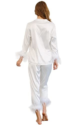 Queens Bridal Feather Trim Pajama Set for Women Satin Silk Long Sleeve Top With Pants Sleepwear Button Down S To XXL (White, Small)
