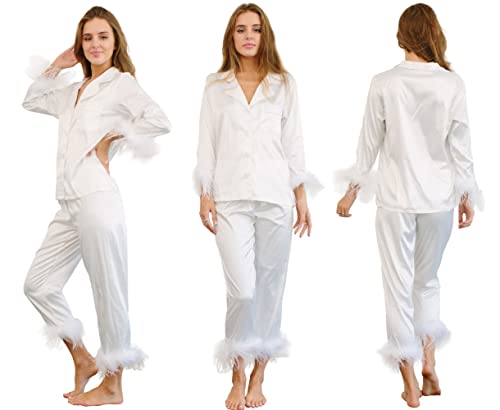 Queens Bridal Feather Trim Pajama Set for Women Satin Silk Long Sleeve Top With Pants Sleepwear Button Down S To XXL (White, Small)