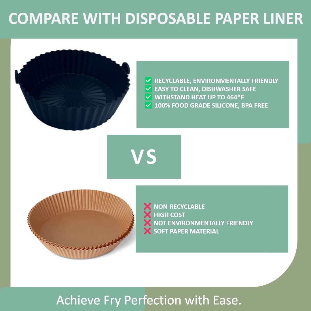 HOMETOPIA (Pack of 3) 2 Air Fryer Silicone Liners 8″&6.5″, 1 Tong, Nonstick & Reusable Baking Tray Oven Accessories, Replacement of Flammable Parchment Paper, Suitable for 3-5 QT Air Fryer (Black)