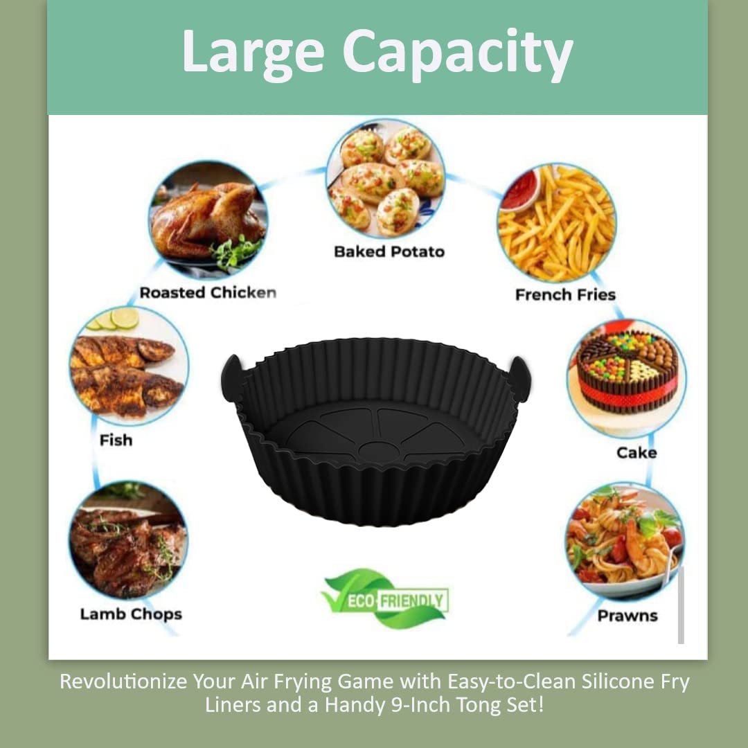 HOMETOPIA (Pack of 3) 2 Air Fryer Silicone Liners 8″&6.5″, 1 Tong, Nonstick & Reusable Baking Tray Oven Accessories, Replacement of Flammable Parchment Paper, Suitable for 3-5 QT Air Fryer (Black)