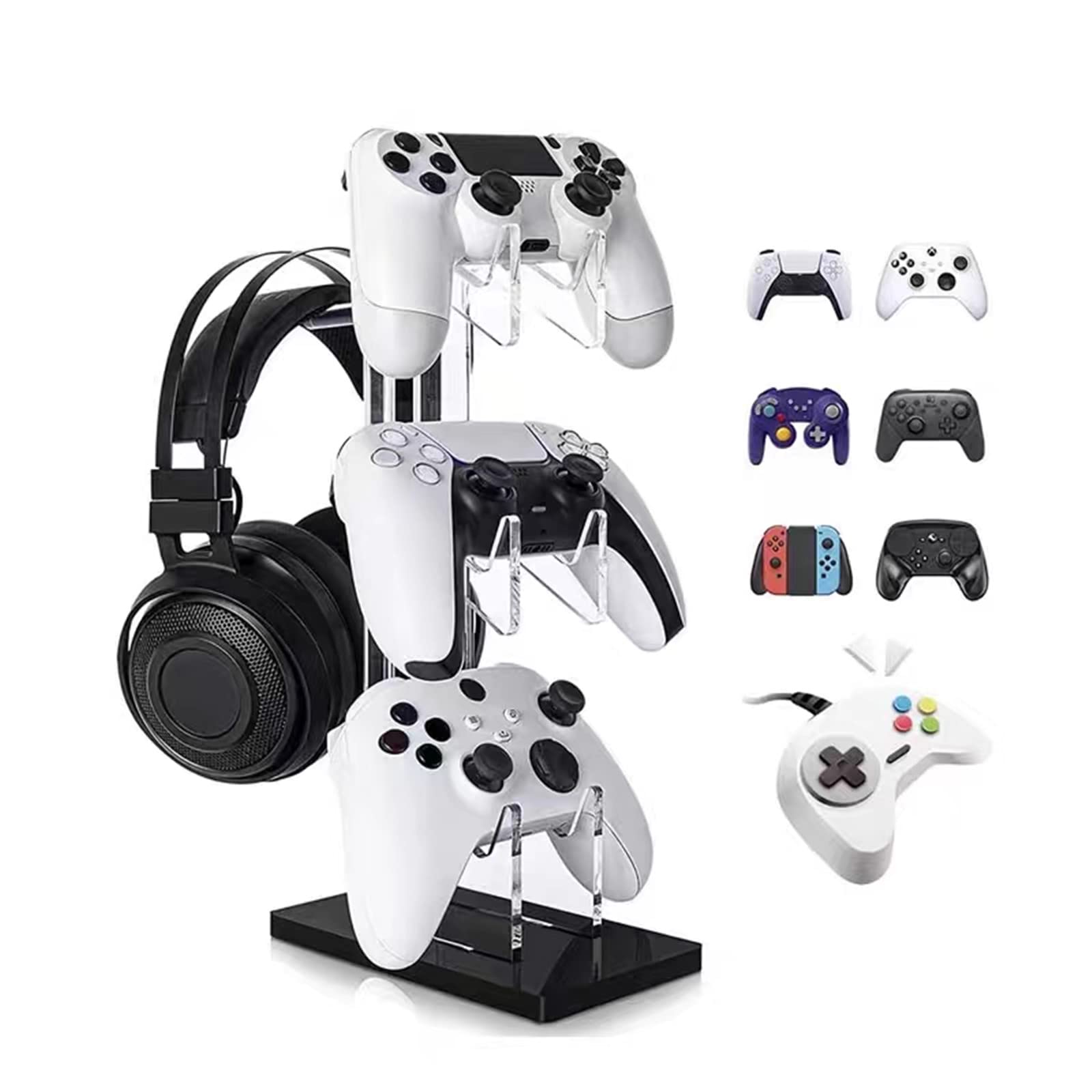 Sueltt Universal 3 Tier Controller Holder and Headset Stand for PS4 PS5 Xbox ONE Switch, Controller Stand Gaming Accessories for Desk Organization and Storage, Build Your Game Fortresses (Clear)