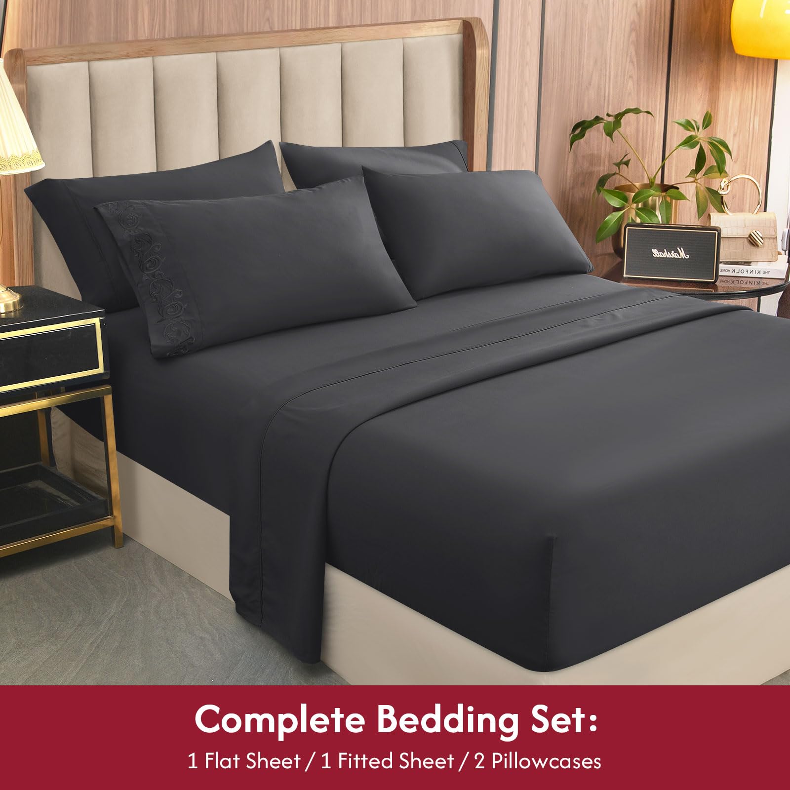 LONAVA Twin Size Sheet Set - 4 Piece Hotel Luxury Wrinkle-Free Microfiber Sheet, Oeko-TEX Certified, Breathable & Elastic, 16" Deep Pockets, Deep Gray