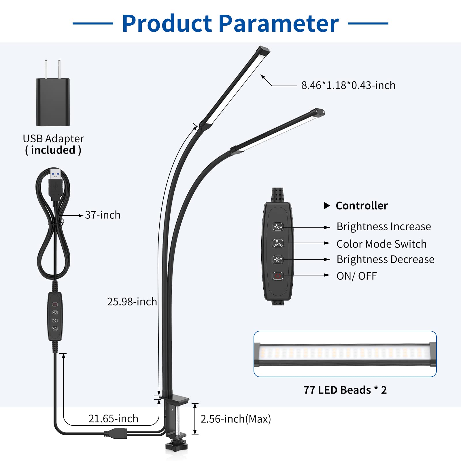 iZELL 154 LED Dimmable Desk Lamp - 【3 Colour Temperatures & 10 Brightness Levels】 2X 70cm Flexible Gooseneck with Swivel Clamp, Easy Clip on Reading Light, Led Table Lamp, Work Lamp for Home/Office