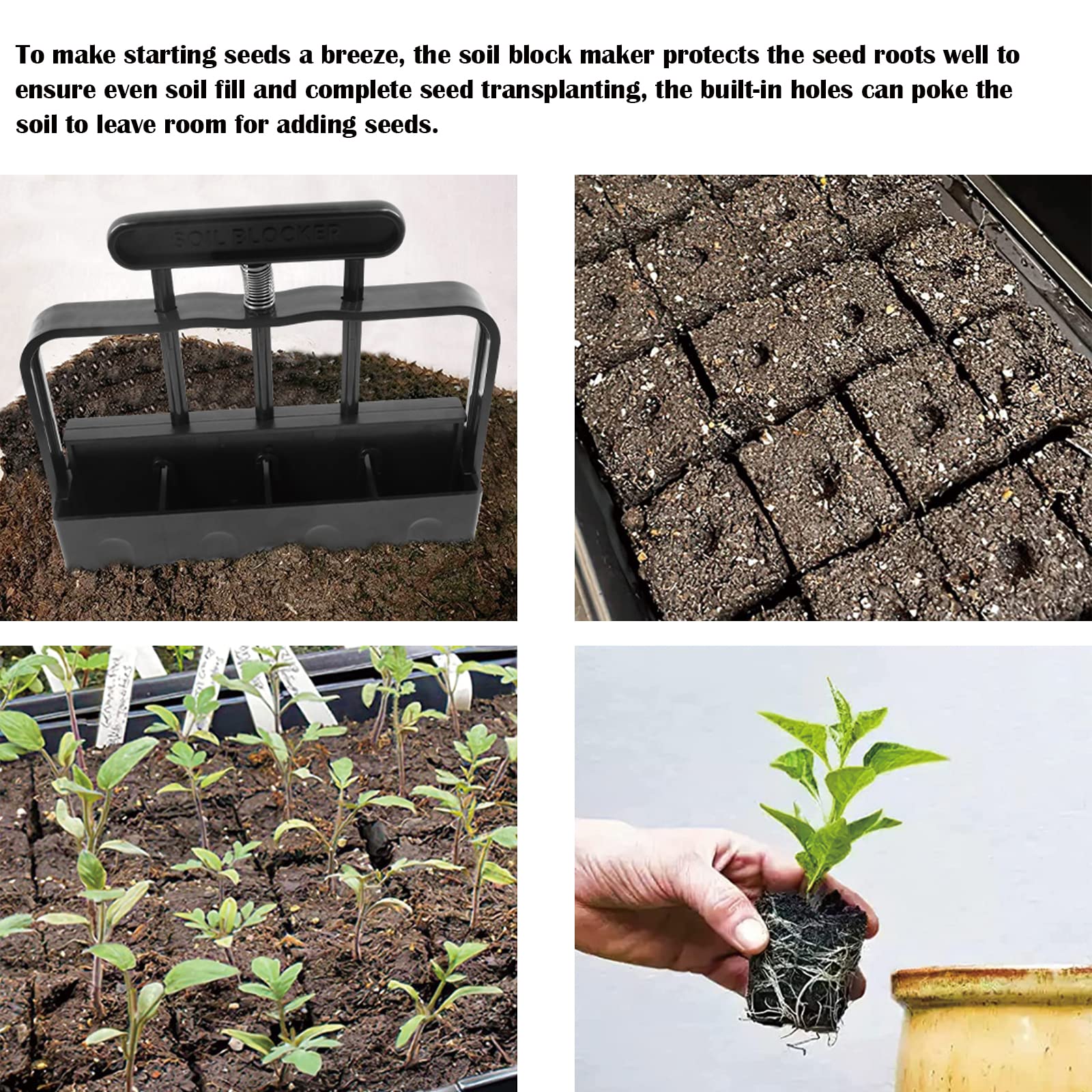 HOMEE Soil Blocker with Comfortable Handle,4 Cell Soil Block Maker 2 Inch Mold Tool Reusable for Seed Starting Germination,Grow Seedling,No Transplant Shock for Garden Soil Potting Outdoor Plants Used