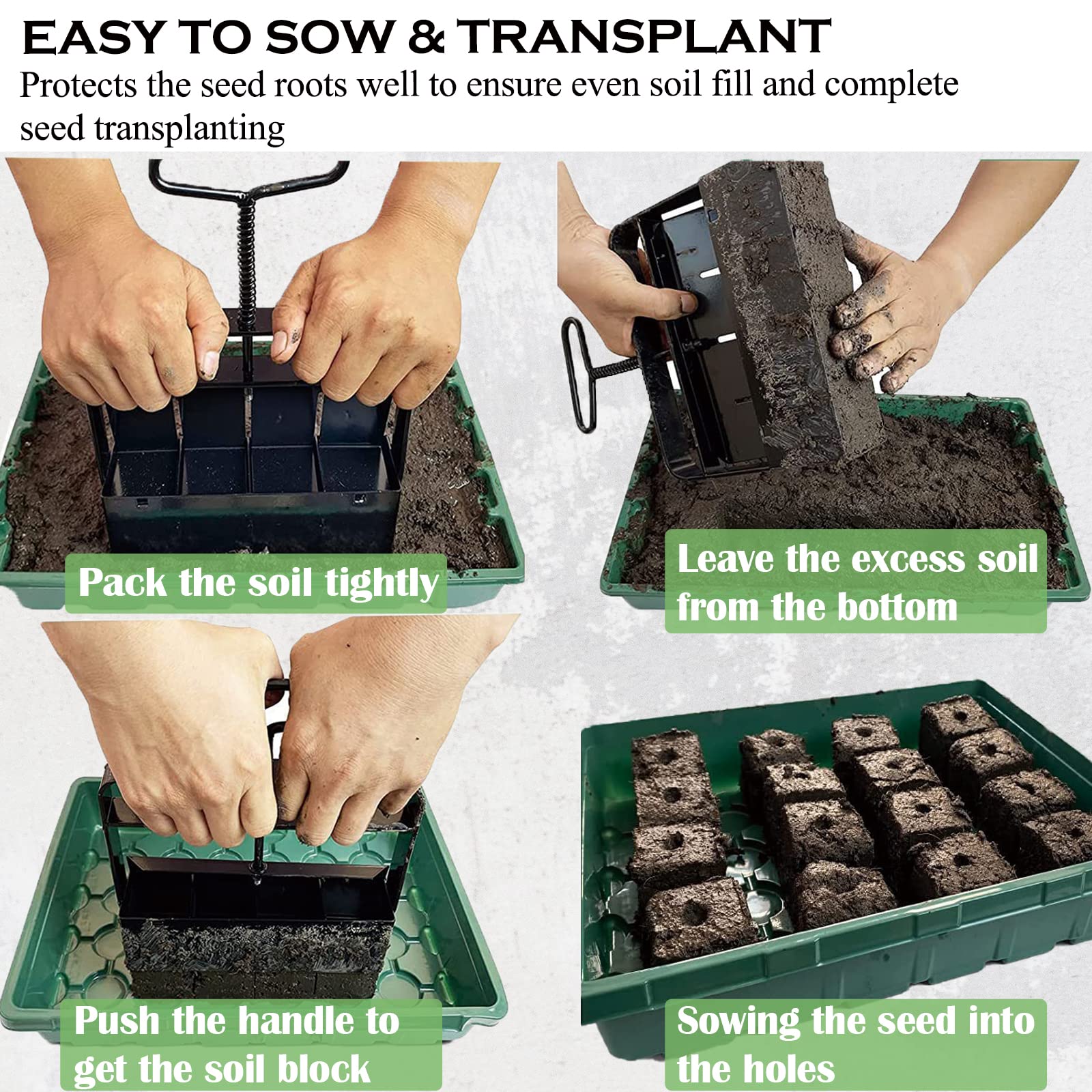 HOMEE Soil Blocker with Comfortable Handle,4 Cell Soil Block Maker 2 Inch Mold Tool Reusable for Seed Starting Germination,Grow Seedling,No Transplant Shock for Garden Soil Potting Outdoor Plants Used