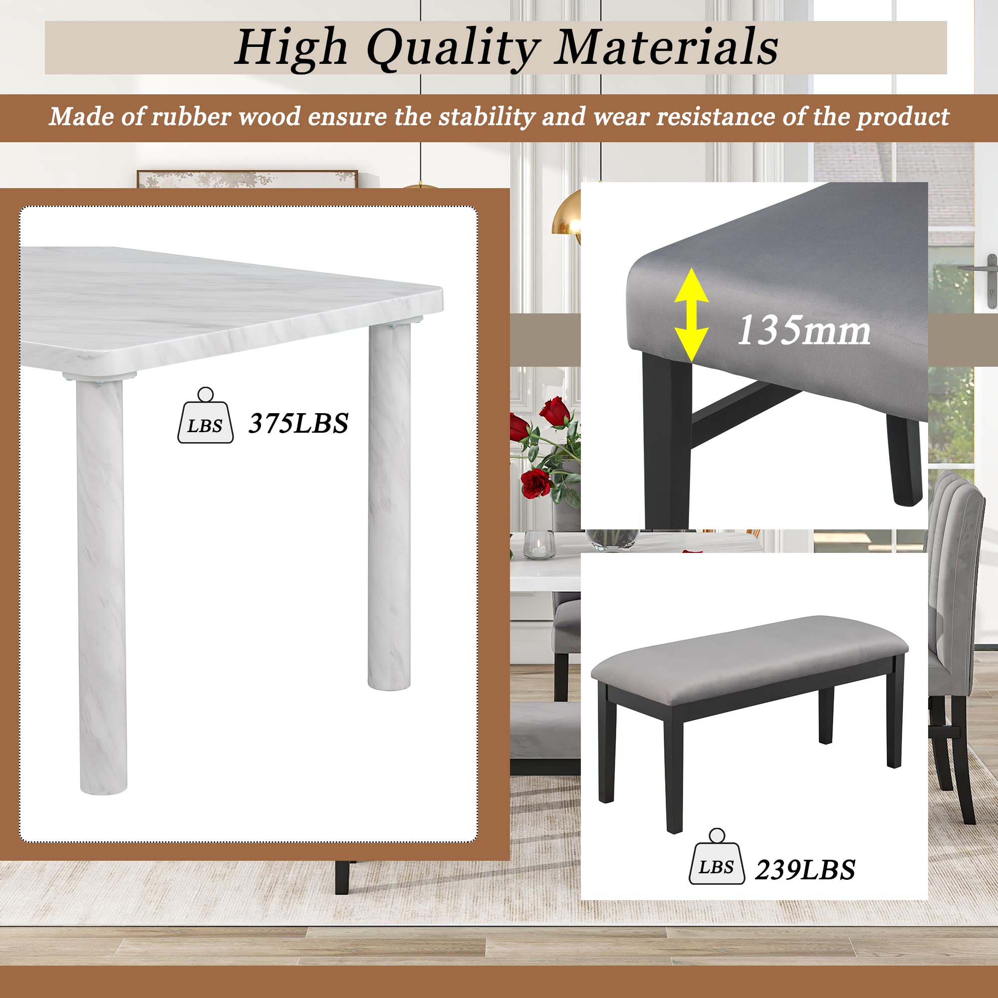 Eafurn 6-Piece Dining Set, Marble Veneer Wood Rectangular Table & 4 Flannelette Upholstered Chairs & Padded Bench, Kitchen Furniture for 5-6 Person, 60 x 36 x 30, White+Gray