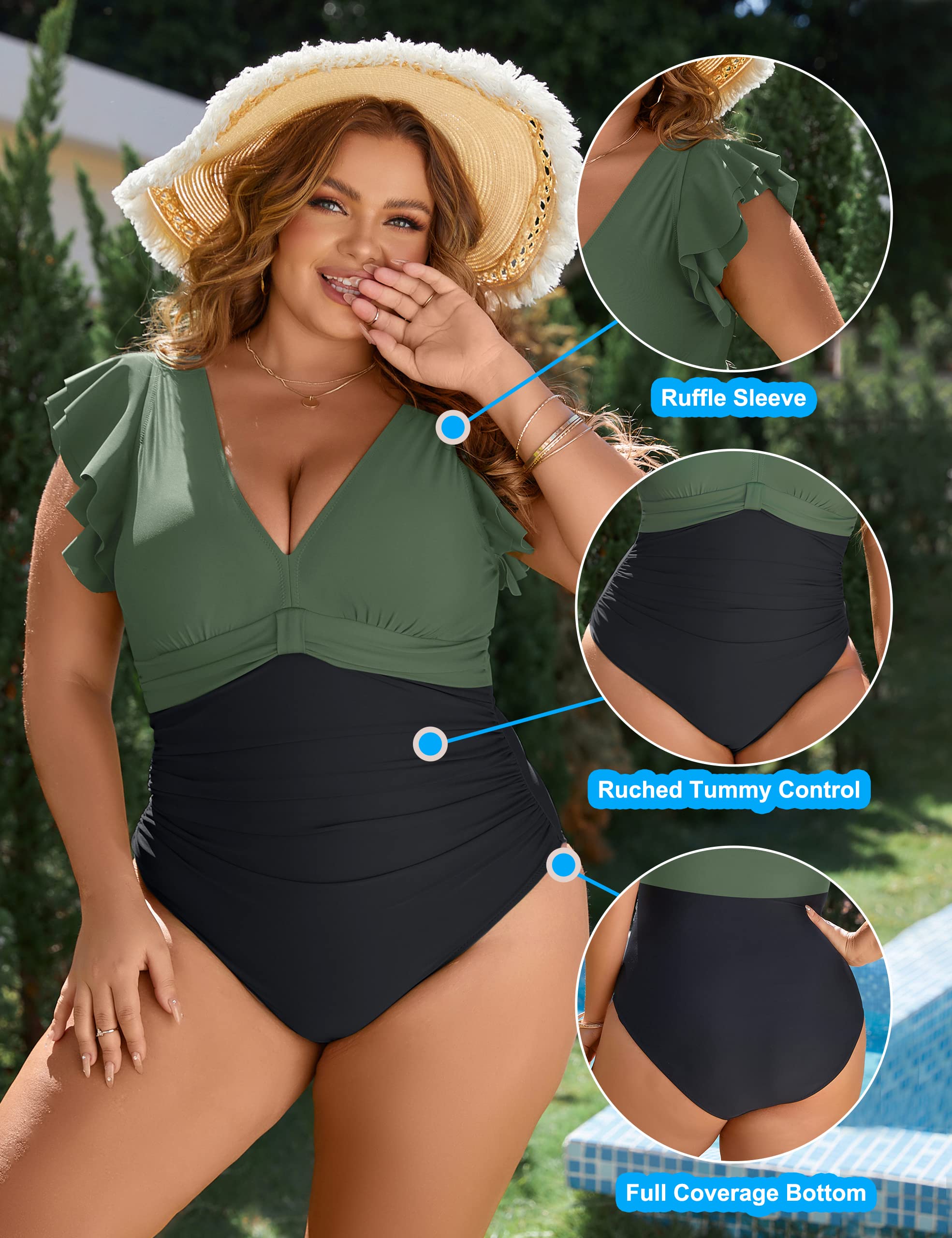 Blooming Jelly Women's Plus Size Swimsuit One Piece Tummy Control Bathing Suit Modest Vintage Push Up Ruffle Sleeve Swim Suits (Army Green and Black,3X-Large)