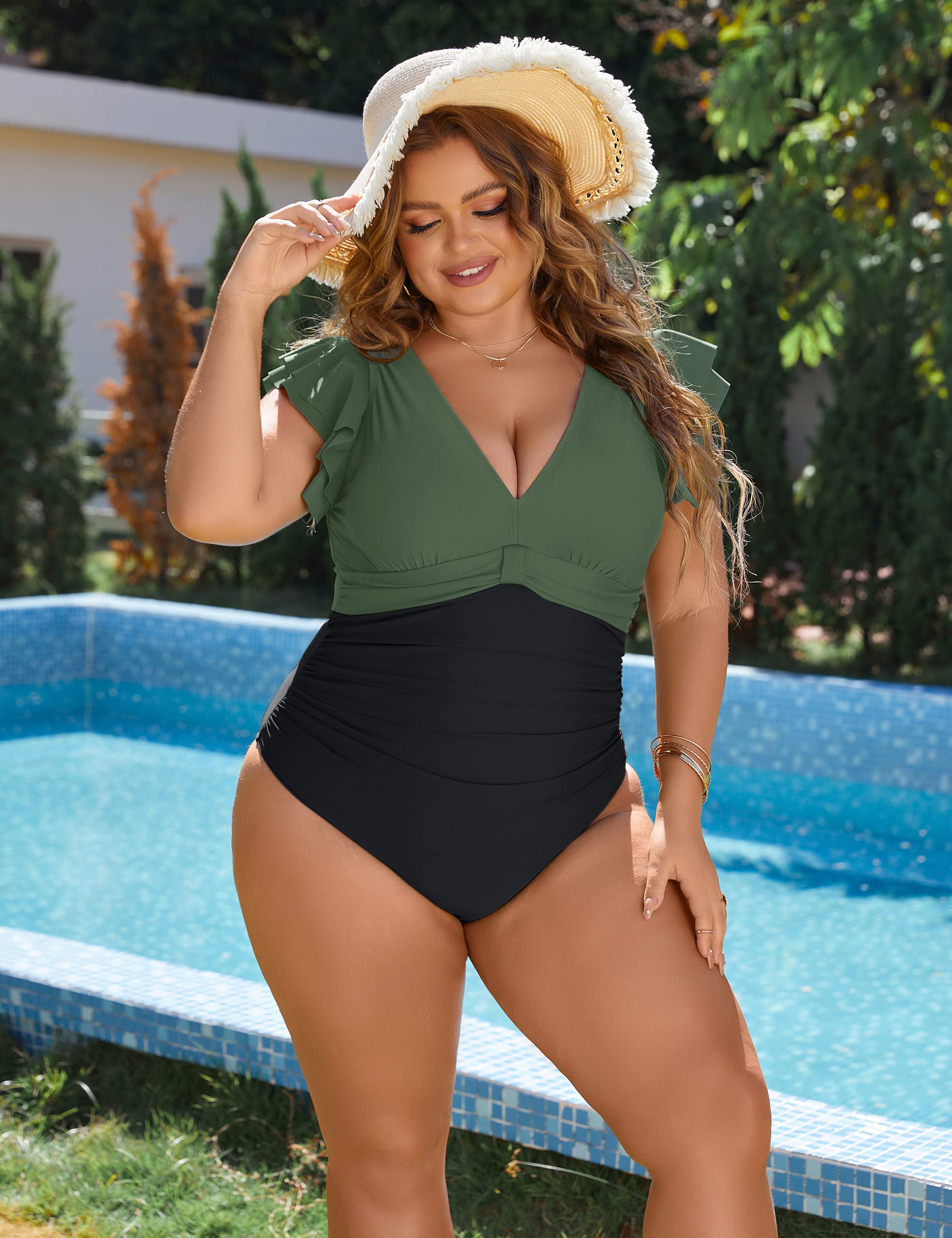 Blooming Jelly Women's Plus Size Swimsuit One Piece Tummy Control Bathing Suit Modest Vintage Push Up Ruffle Sleeve Swim Suits (Army Green and Black,3X-Large)