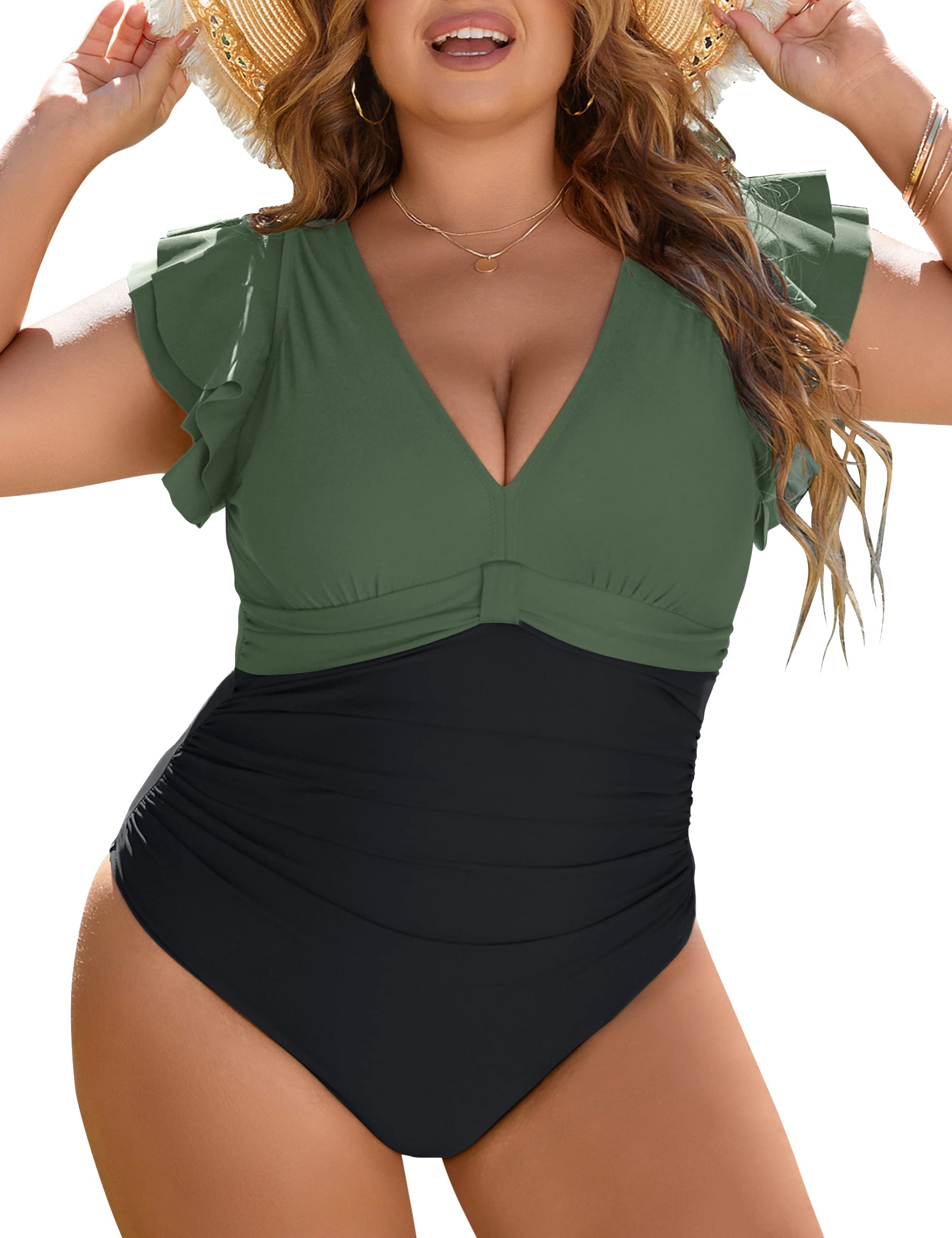 Blooming Jelly Women's Plus Size Swimsuit One Piece Tummy Control Bathing Suit Modest Vintage Push Up Ruffle Sleeve Swim Suits (Army Green and Black,3X-Large)