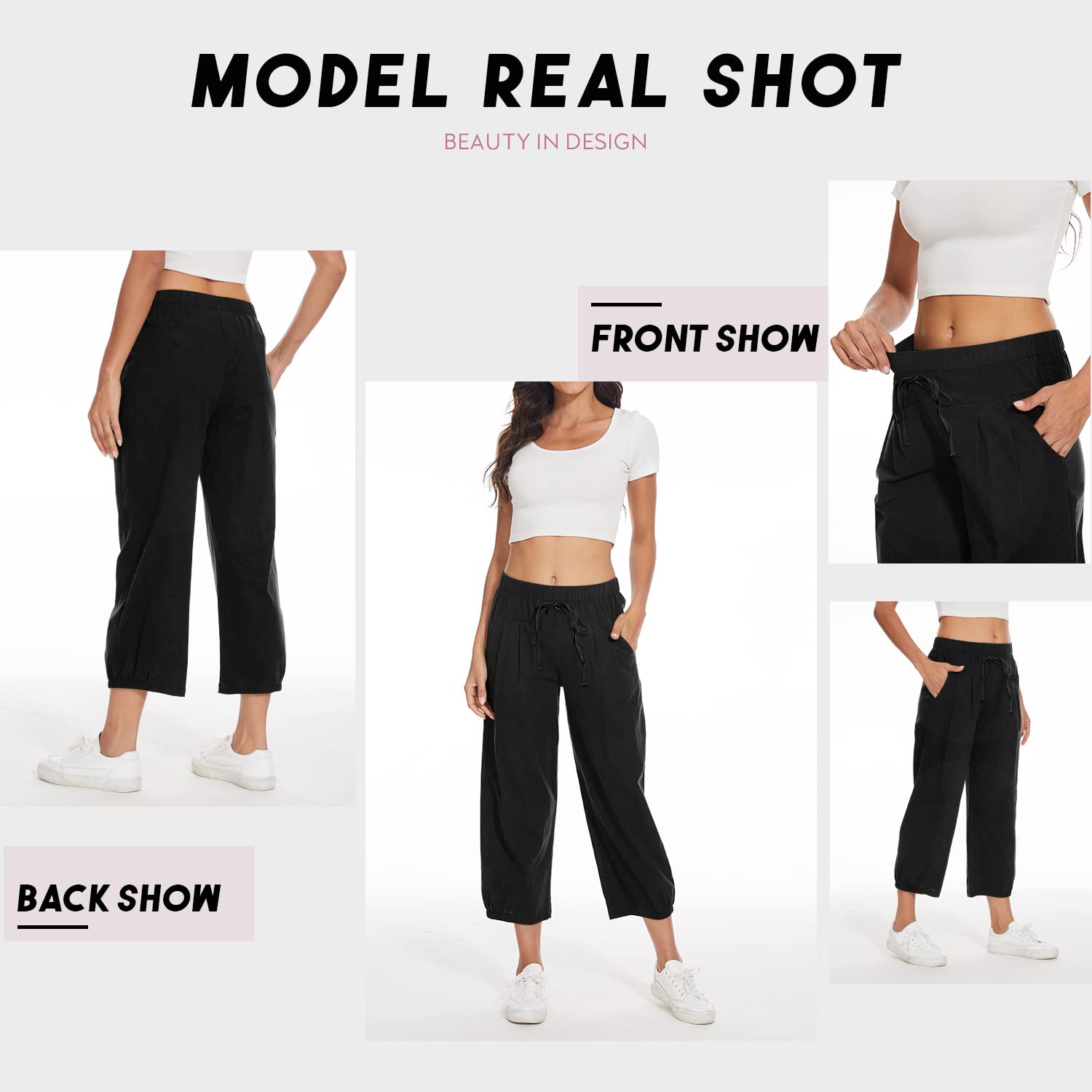 TBA Women's Casual Pants Summer Wide Leg Capris Drawstring Elastic High Waist Cotton Cropped Trousers with Pockets Black