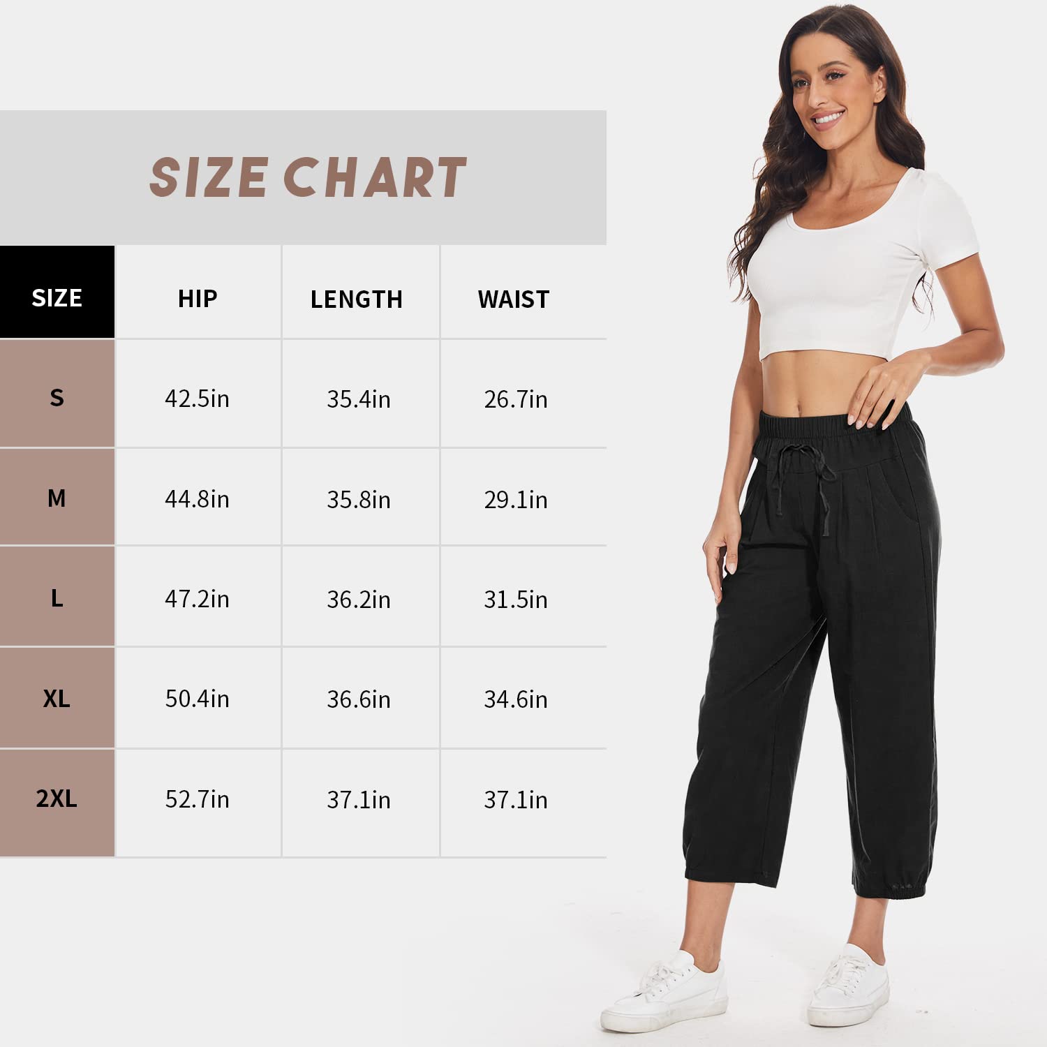 TBA Women's Casual Pants Summer Wide Leg Capris Drawstring Elastic High Waist Cotton Cropped Trousers with Pockets Black