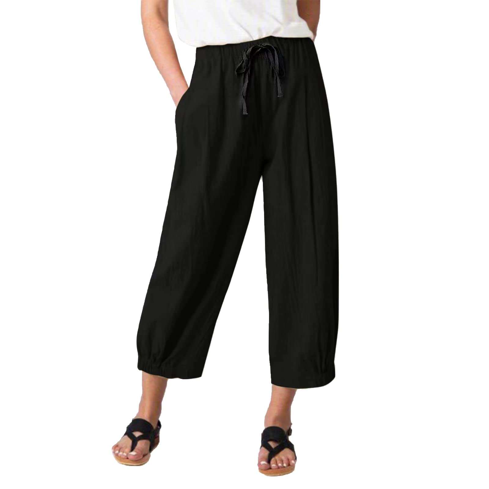 TBA Women's Casual Pants Summer Wide Leg Capris Drawstring Elastic High Waist Cotton Cropped Trousers with Pockets Black