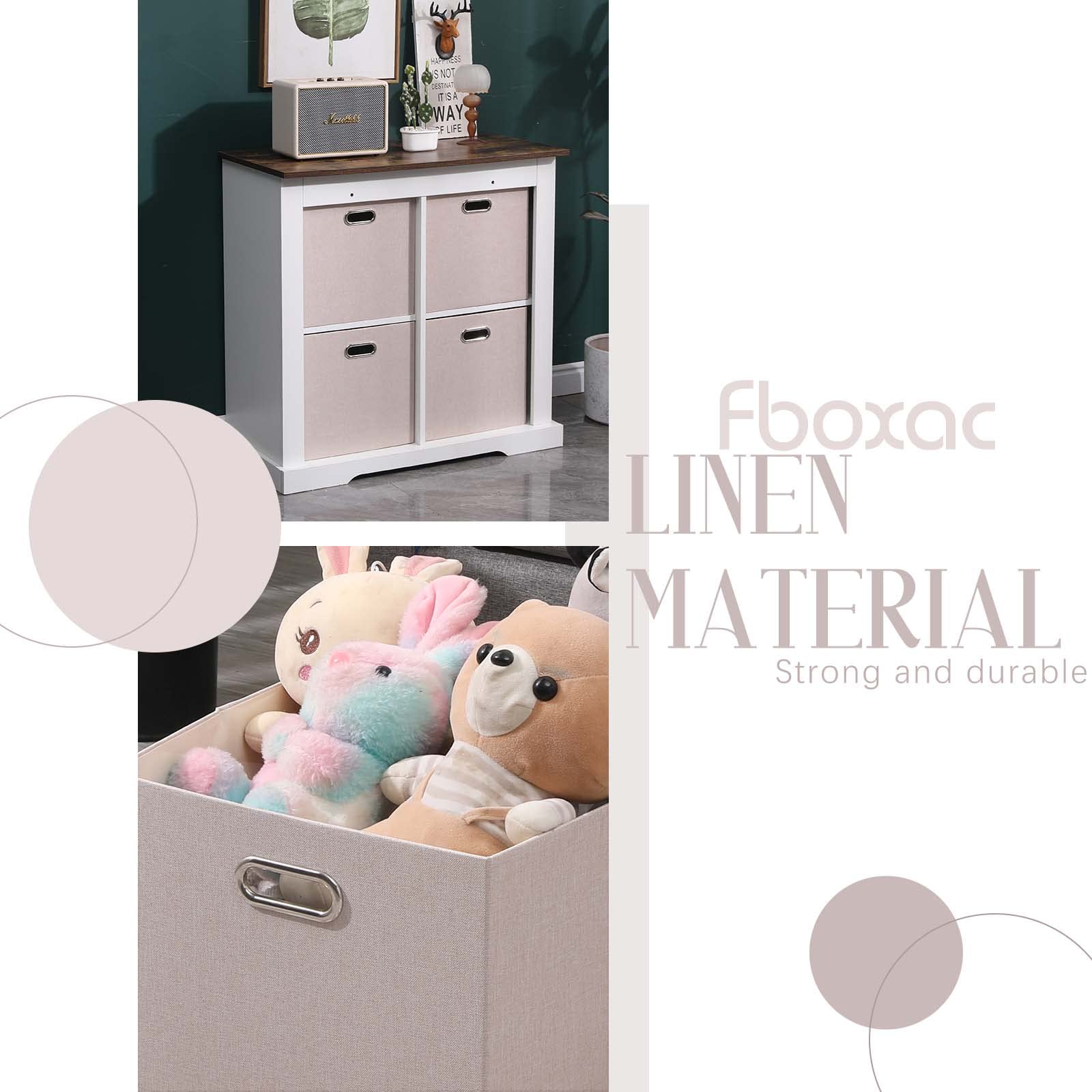 Fboxac Cube Storage Bins 13×13 Linen Foldable Box with Handles, Collapsible Organization Basket Set of 4 Large Capacity Drawer for Closet Shelf Cabinet Bookcase Bedroom, Beige Sepia