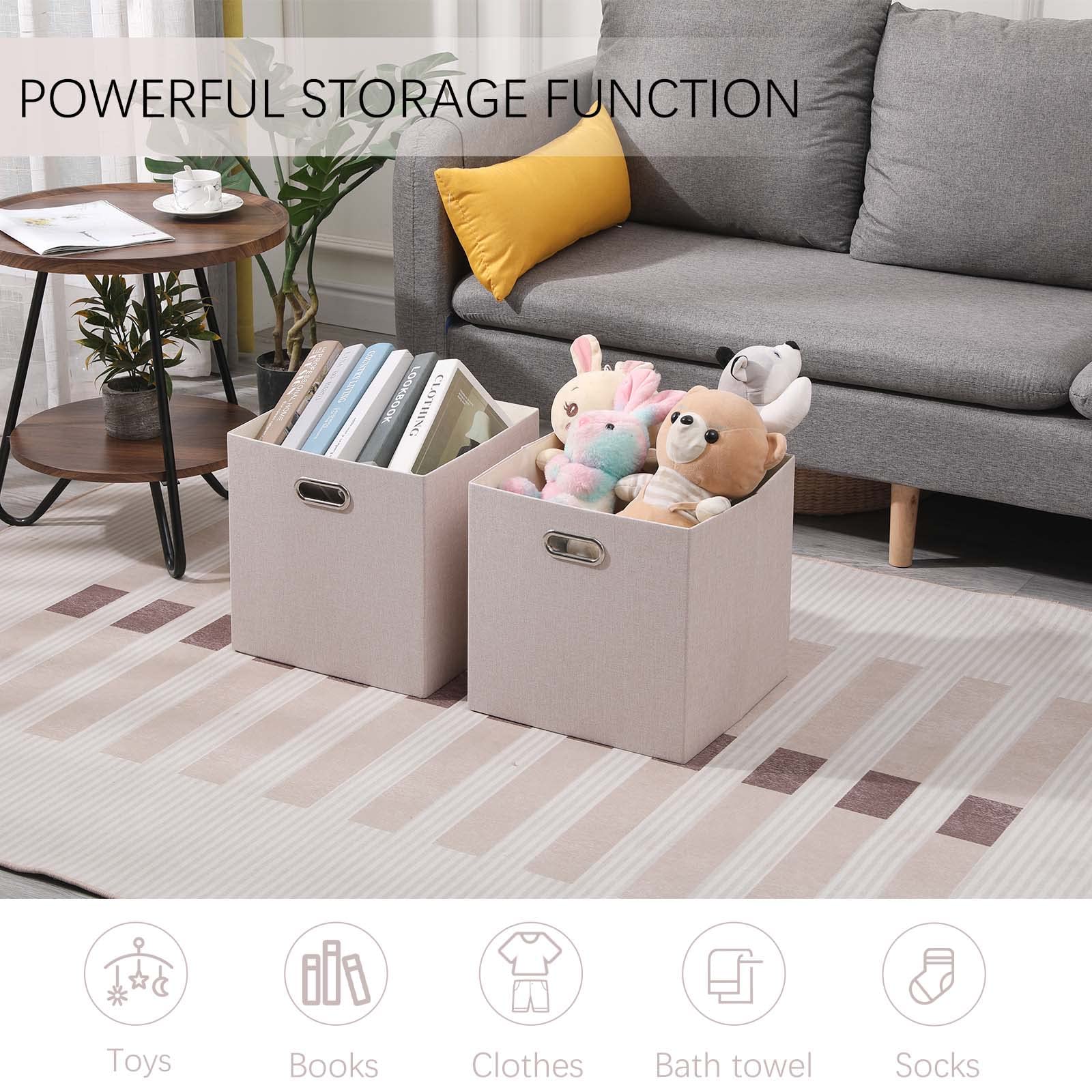 Fboxac Cube Storage Bins 13×13 Linen Foldable Box with Handles, Collapsible Organization Basket Set of 4 Large Capacity Drawer for Closet Shelf Cabinet Bookcase Bedroom, Beige Sepia