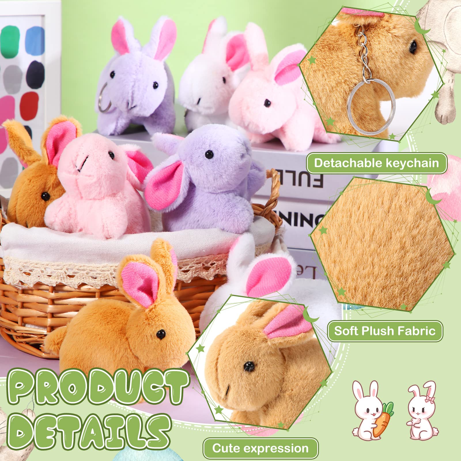 Sratte 16 Pcs Easter Bunny Stuffed Animal Bulk 4.7 Inch Small Plush Rabbit Keychains Detachable Bunny Party Favors Plushies Gifts for Birthday Baby Shower Easter Basket Stuffers Decorations
