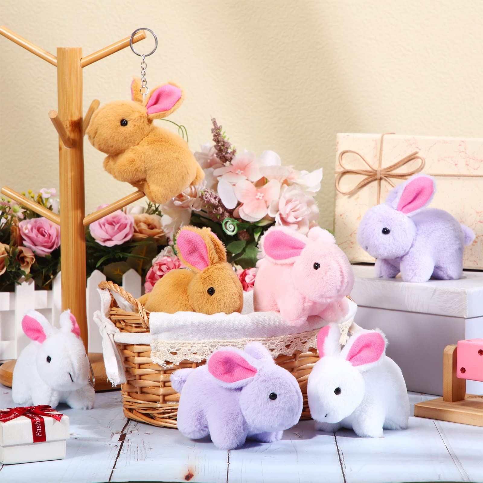 Sratte 16 Pcs Easter Bunny Stuffed Animal Bulk 4.7 Inch Small Plush Rabbit Keychains Detachable Bunny Party Favors Plushies Gifts for Birthday Baby Shower Easter Basket Stuffers Decorations