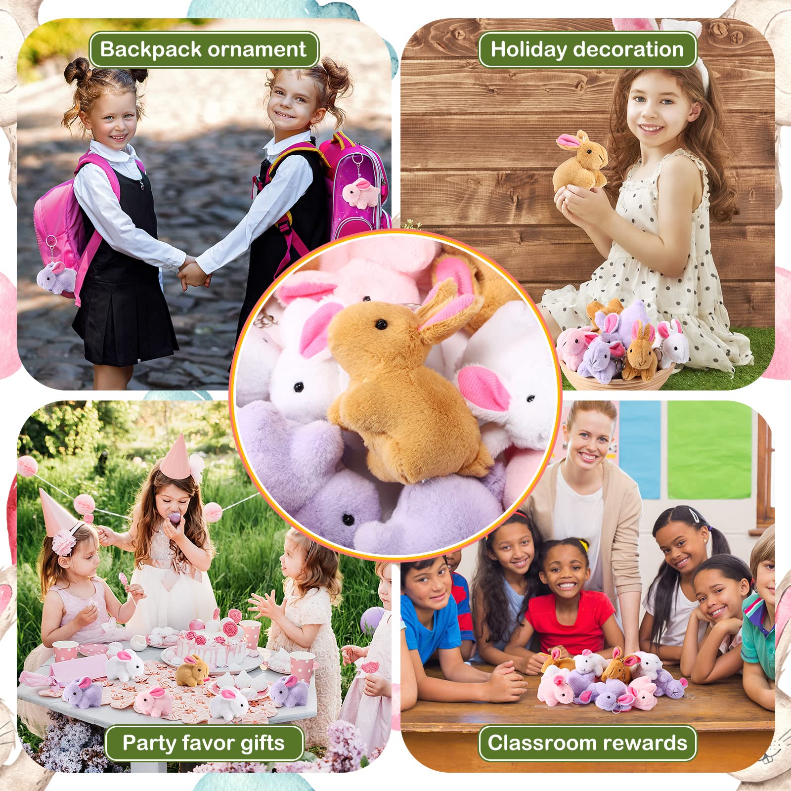 Sratte 16 Pcs Easter Bunny Stuffed Animal Bulk 4.7 Inch Small Plush Rabbit Keychains Detachable Bunny Party Favors Plushies Gifts for Birthday Baby Shower Easter Basket Stuffers Decorations