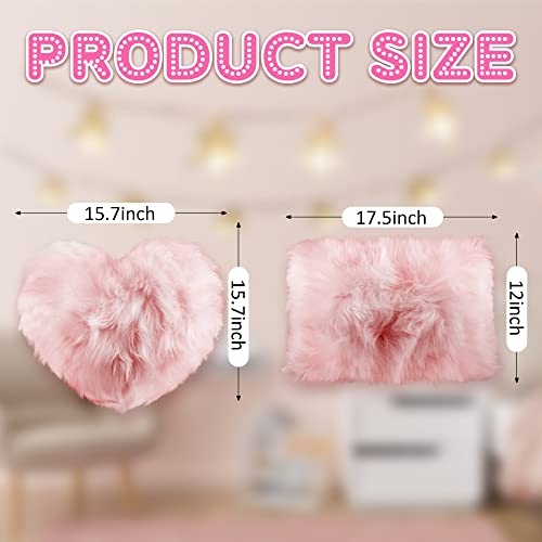TTLOJ 2 Pack Decorative Pillows(with Insert) for Play Tent, Rooms, Heart & Rectangle, Faux Fur Throw Pillow, Soft Pillow for Birthday Thanksgiving Christmas Girls Boys Gift-Pink