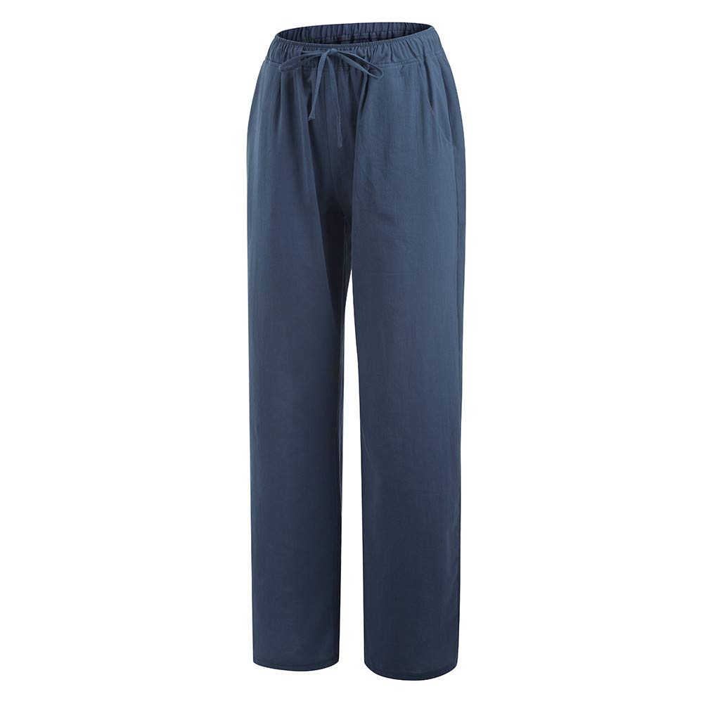 WABEOR Wide Leg Linen Pants for Women Plus Size Elastic Waist Casual Summer Loose Fit Beach Comfy Cotton Trousers, G-navy
