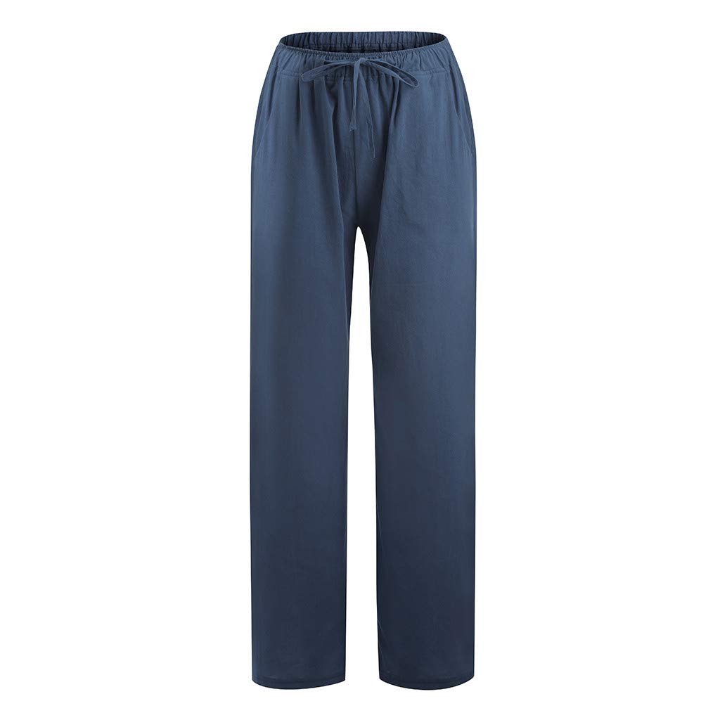 WABEOR Wide Leg Linen Pants for Women Plus Size Elastic Waist Casual Summer Loose Fit Beach Comfy Cotton Trousers, G-navy