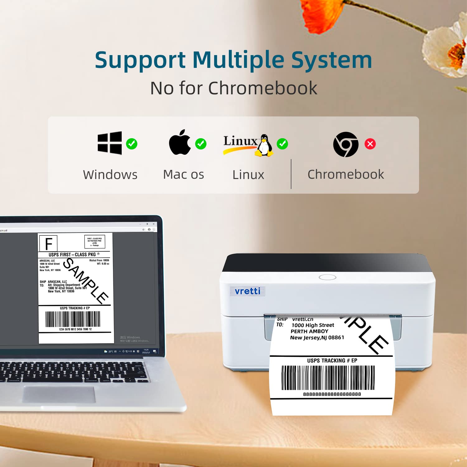 vretti Shipping Label Printer, 4x6 USB Desktop Barcode Label Printer for Small Business & Shipping Packages Compatible with Mac, Windows, Linux, UPS, USPS