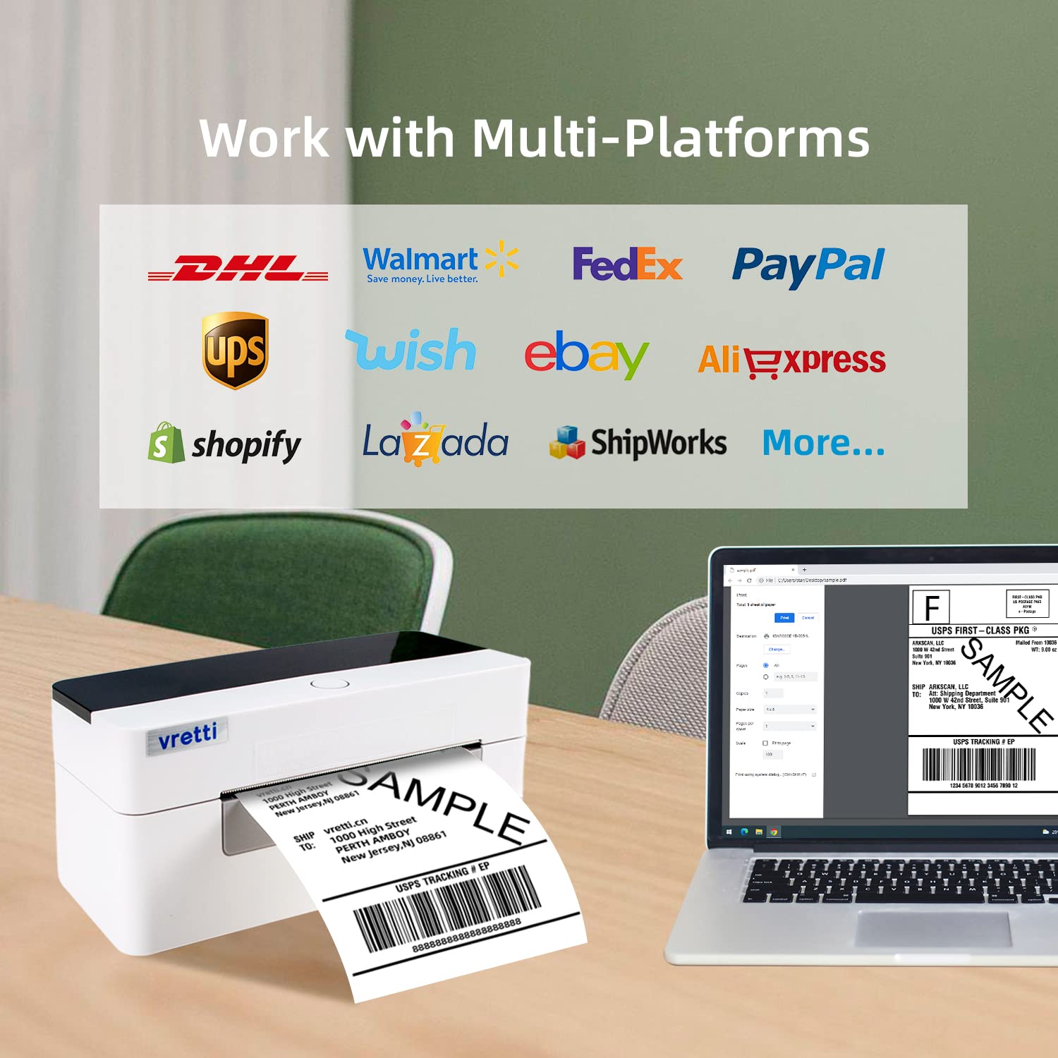 vretti Shipping Label Printer, 4x6 USB Desktop Barcode Label Printer for Small Business & Shipping Packages Compatible with Mac, Windows, Linux, UPS, USPS