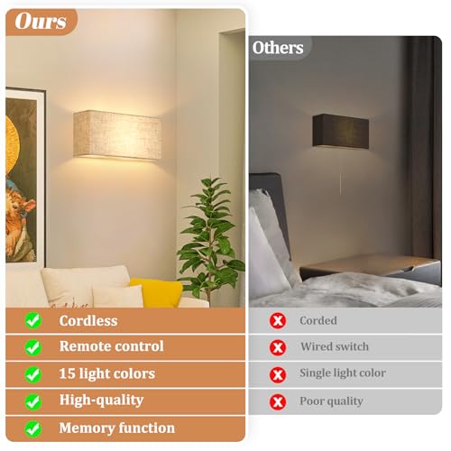 Battery Operated Wall Sconces Set of 2 - Dimmable LED Wall Lights with Remote Control, 15 Color Changeable Wall Mounted Lamps with Fabric Shade, Magnetic LED Wall Light Fixtures for Bedroom Hallway